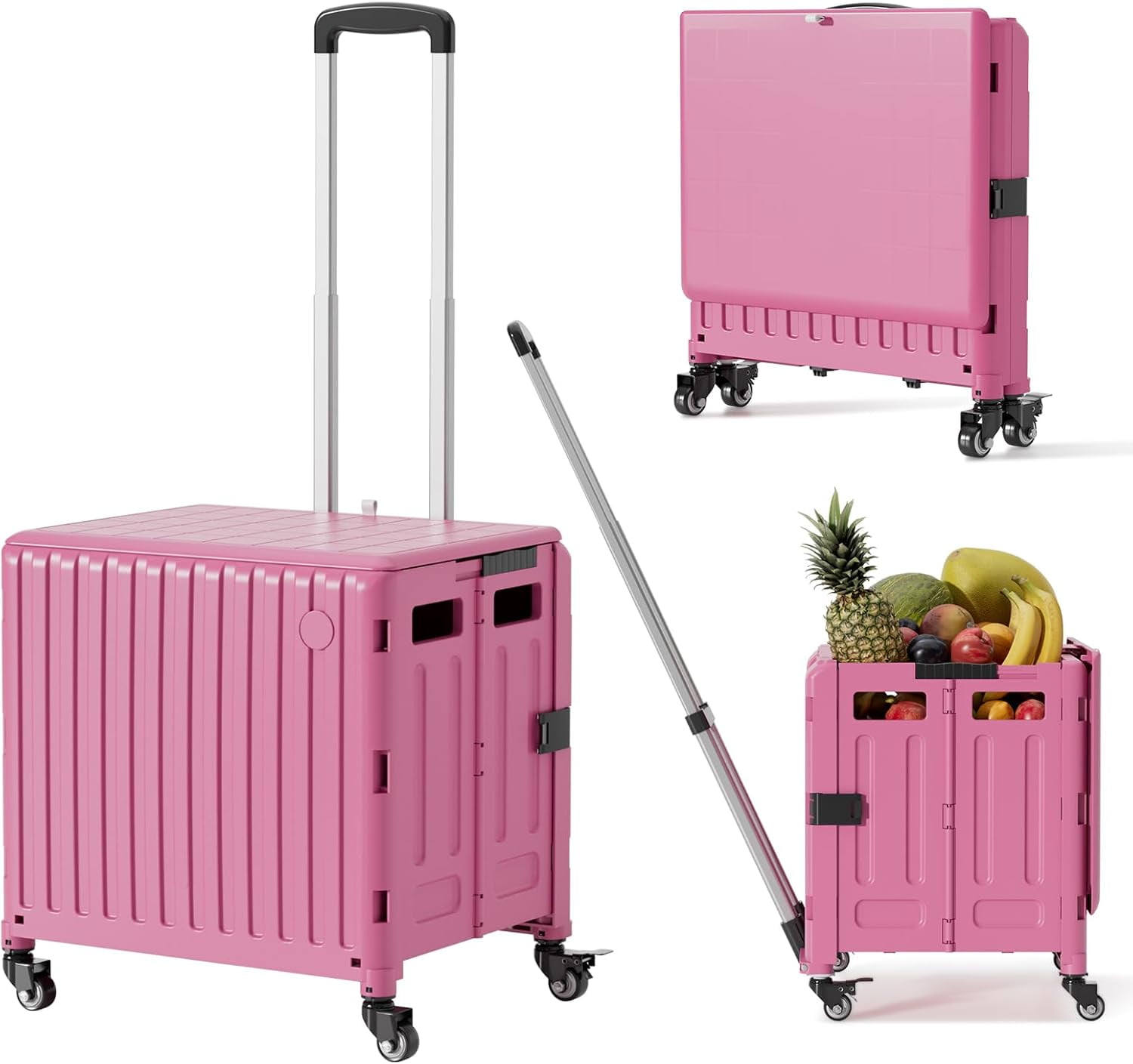 Folding Utility Cart, Collapsable Rolling Crate with Telescoping Handle ...
