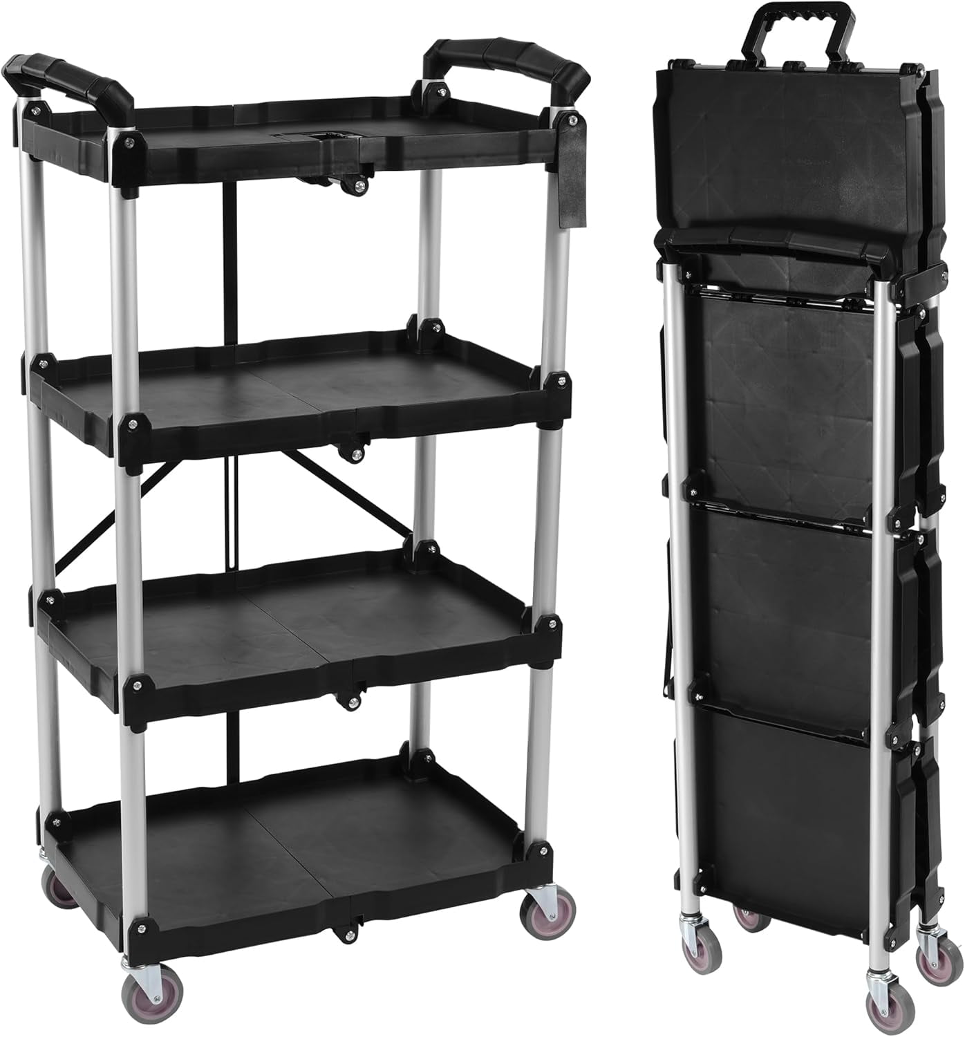 Folding Utility Cart, Portable Collapsible Service Cart, 4 Shelf Heavy ...