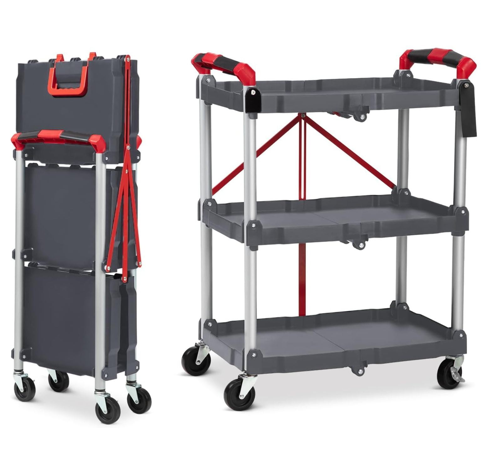Folding Utility Service Cart, Collapsible Cart with Wheels, 3 Tier ...