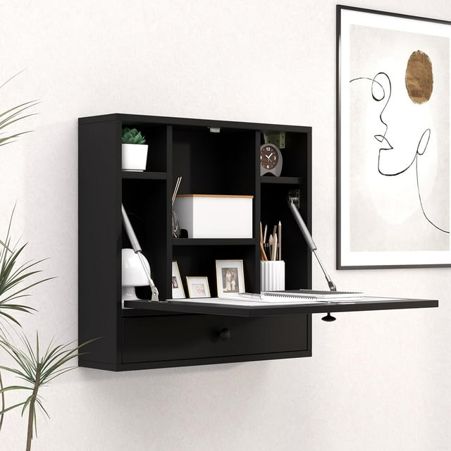 Folding Wall Desk, Wood Wall Mounted Desk with Storage Drawer and ...