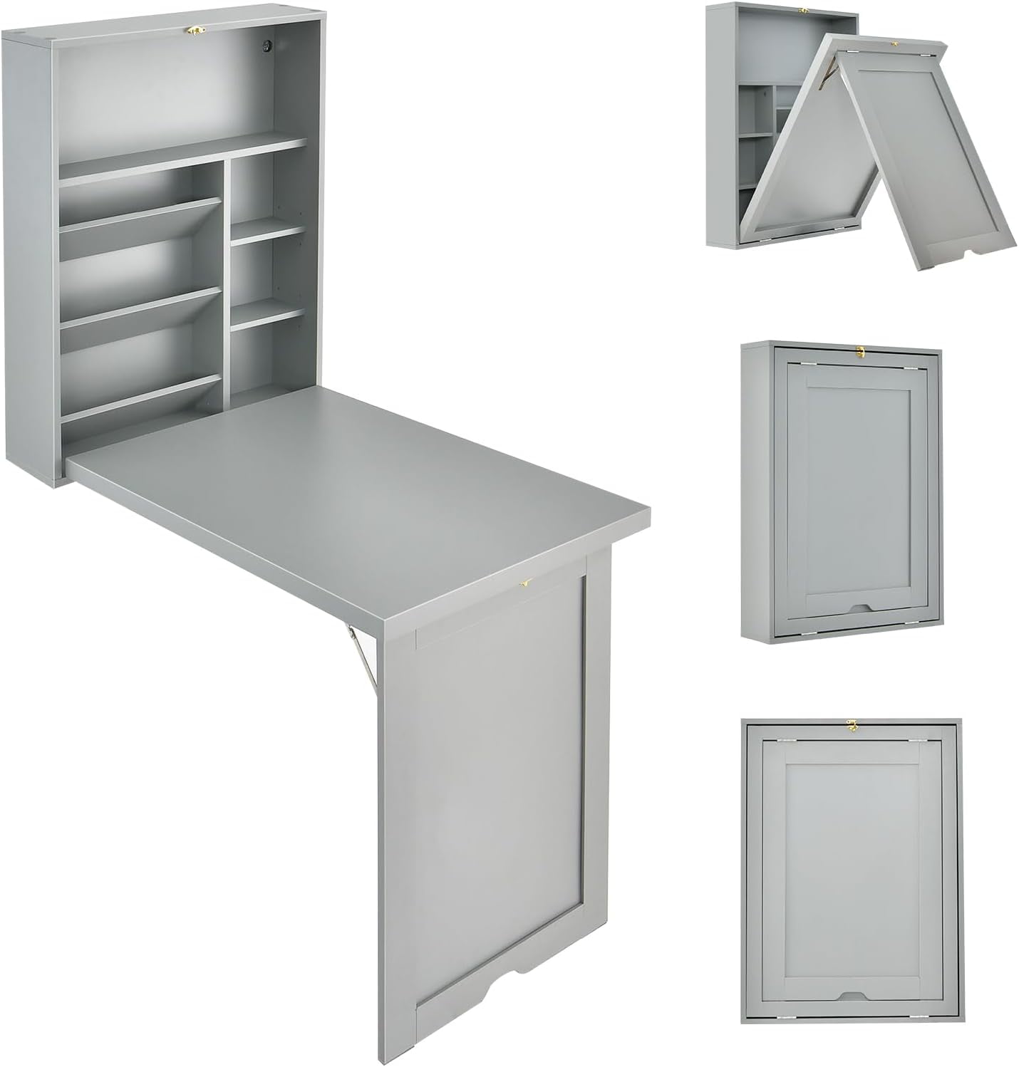 Folding Wall Mounted Desk, Fold Down Desk with Storage Shelves, Wood ...