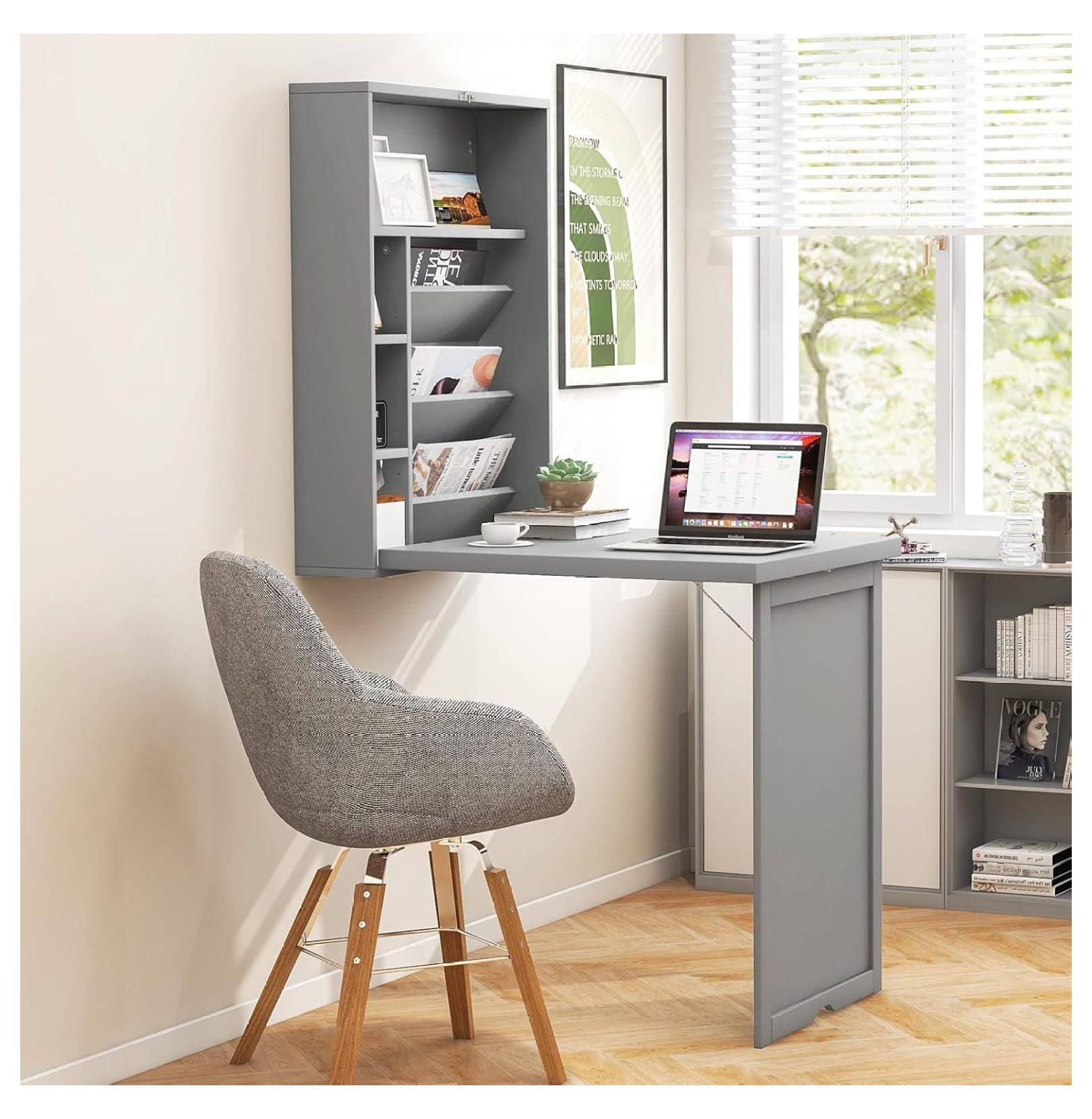 Folding Wall Mounted Desk, Fold Down Desk with Storage Shelves, Wood ...