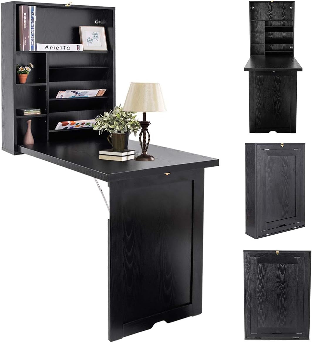 Folding Wall Mounted Desk, Fold Down Desk with Storage Shelves, Wood ...
