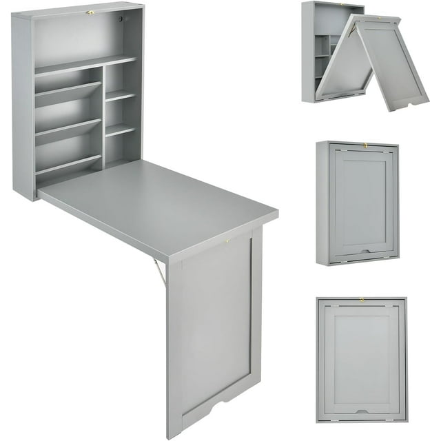 Folding Wall Mounted Desk Fold Down Desk with Storage Shelves Wood ...