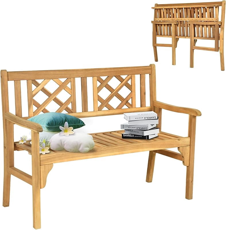 Folding Wood Garden Bench, 2 Person Foldable Acacia Patio Bench with ...