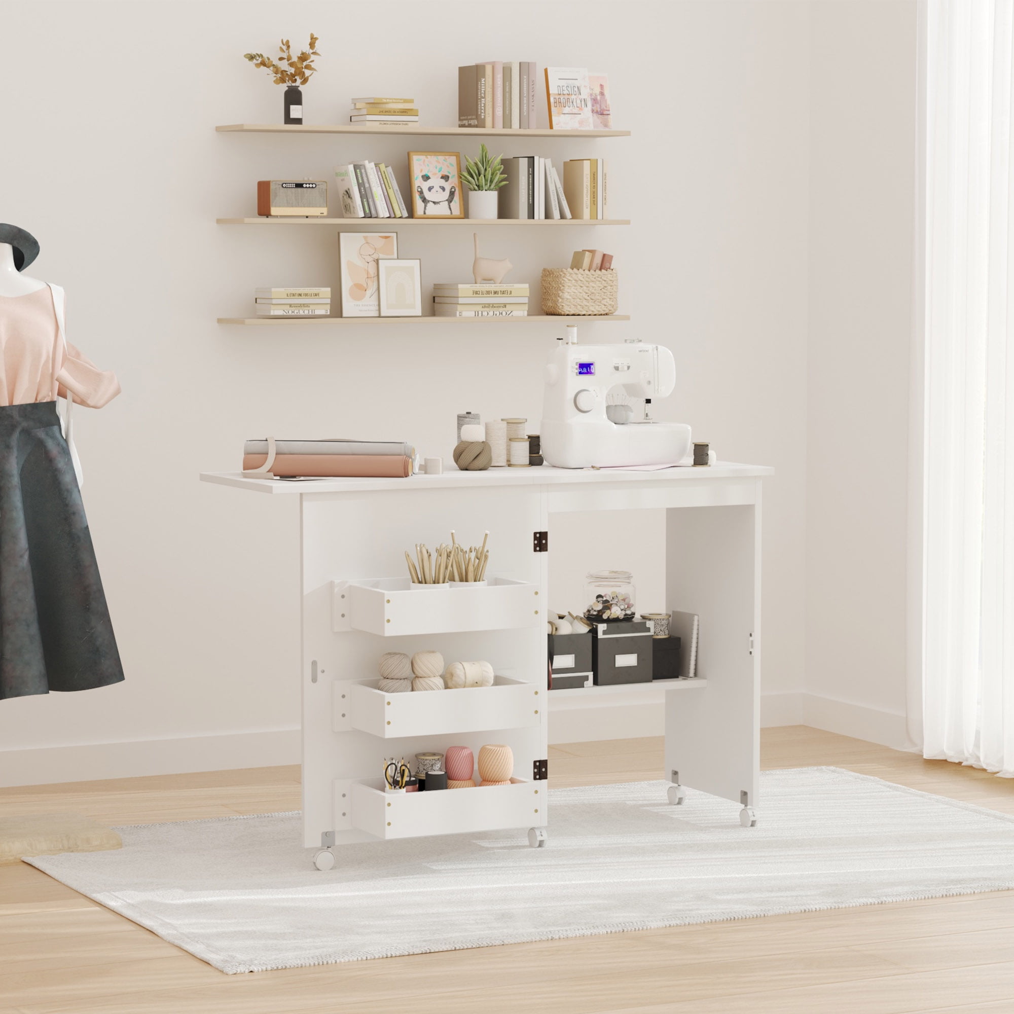 Folding Wood Sewing Craft Table with Storage Shelves Cabinet Lockable ...