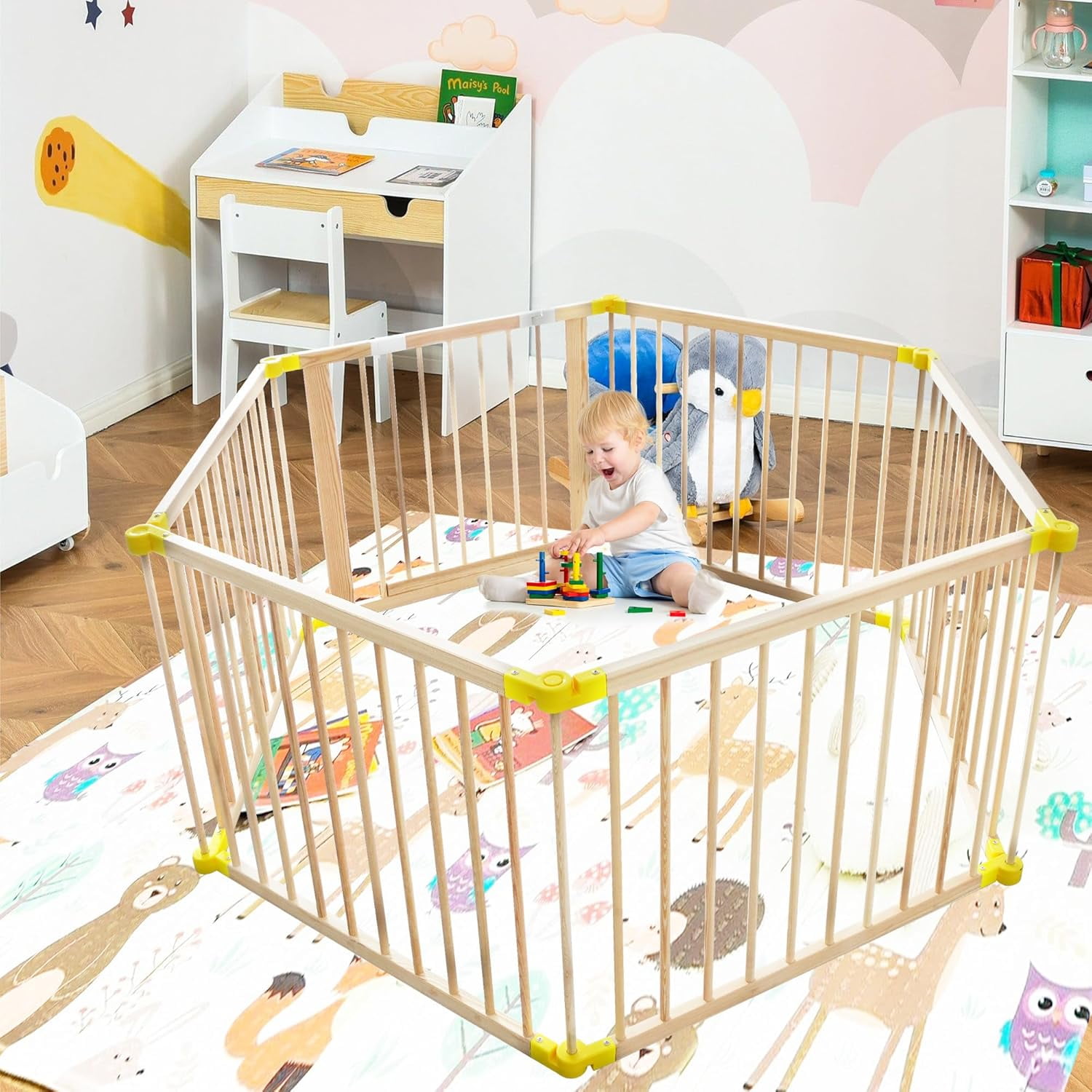 Folding Wooden Baby Playpen with Gate, Safe Material Toddler Play Yards ...