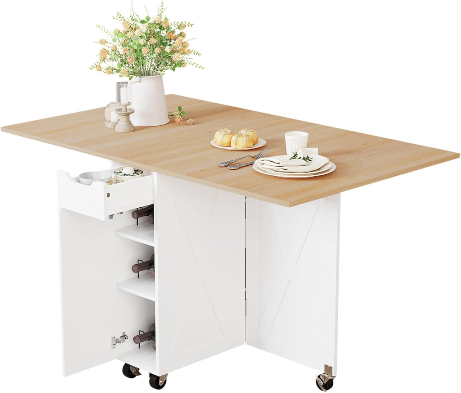 Folding dining table with wheels and drop leaf design for small spaces ...