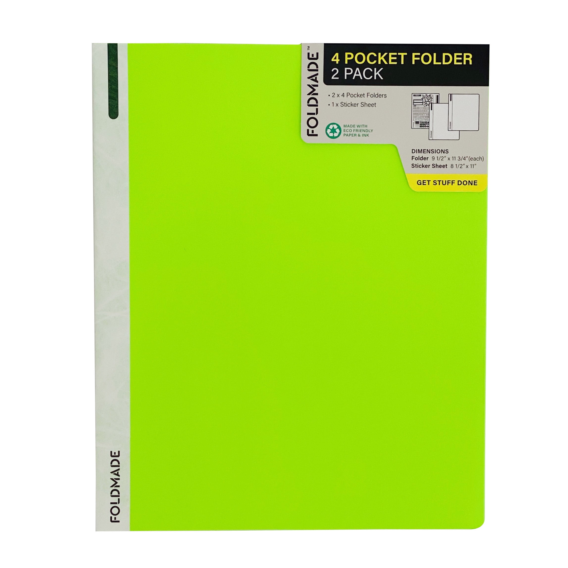 Foldmade 4-Pocket Paper Folders and Sticker Sheet, Lime Green, 2 Pack ...
