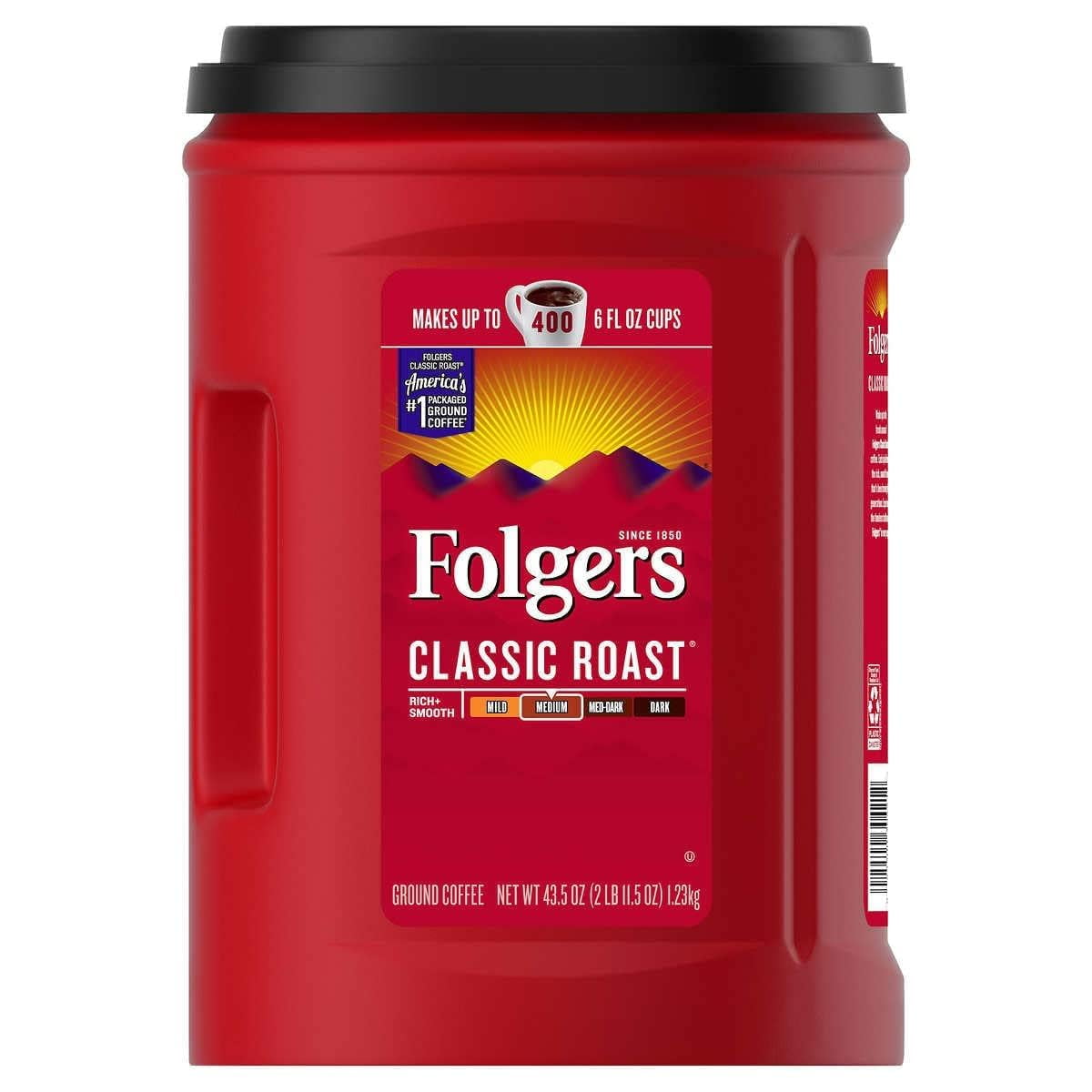 Folgers Classic Roast, Medium Ground Coffee, 43.5 Oz AromaSeal Canister ...