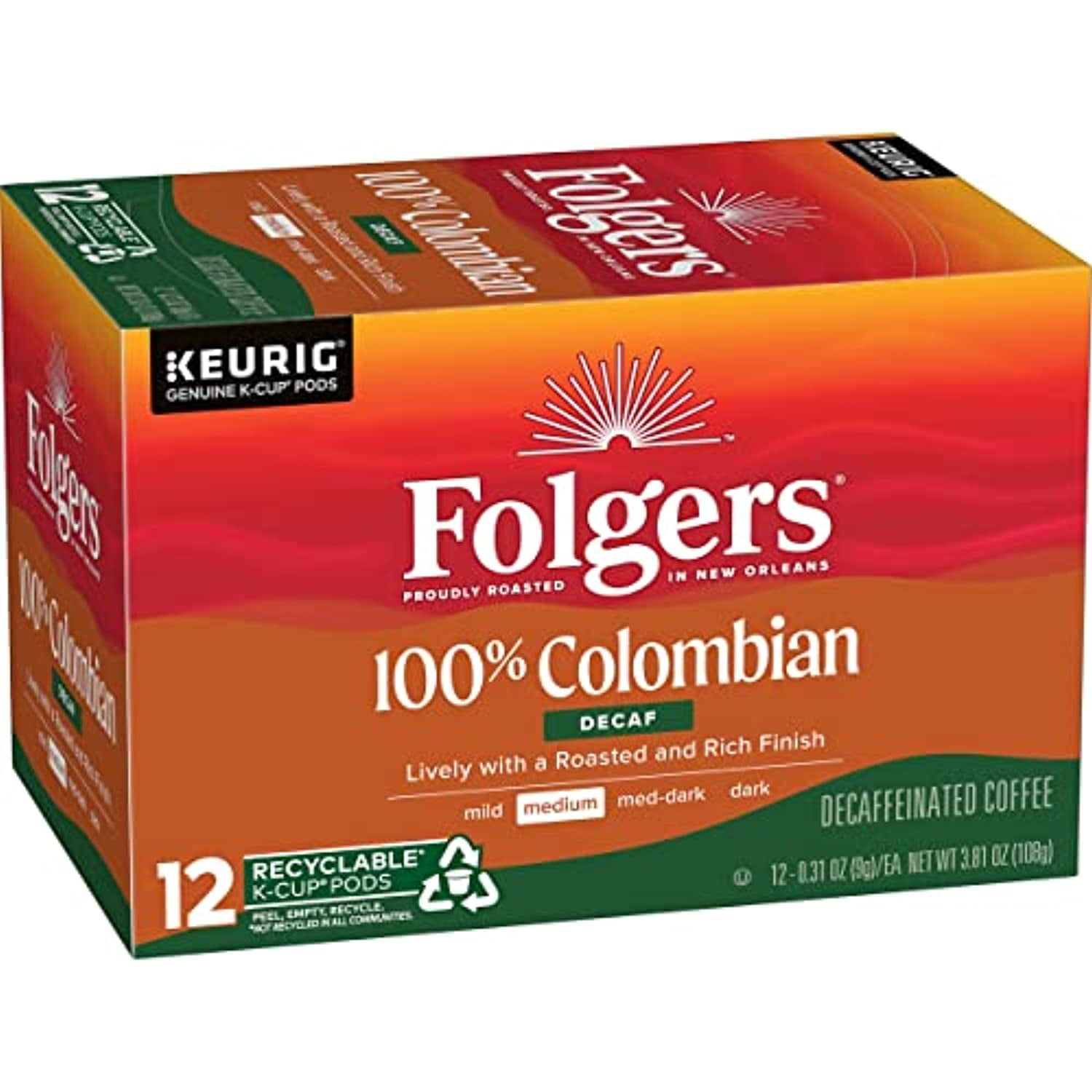 Folgers 100% Colombian Decaf Medium Roast Coffee, 12 K-Cup Pods ...