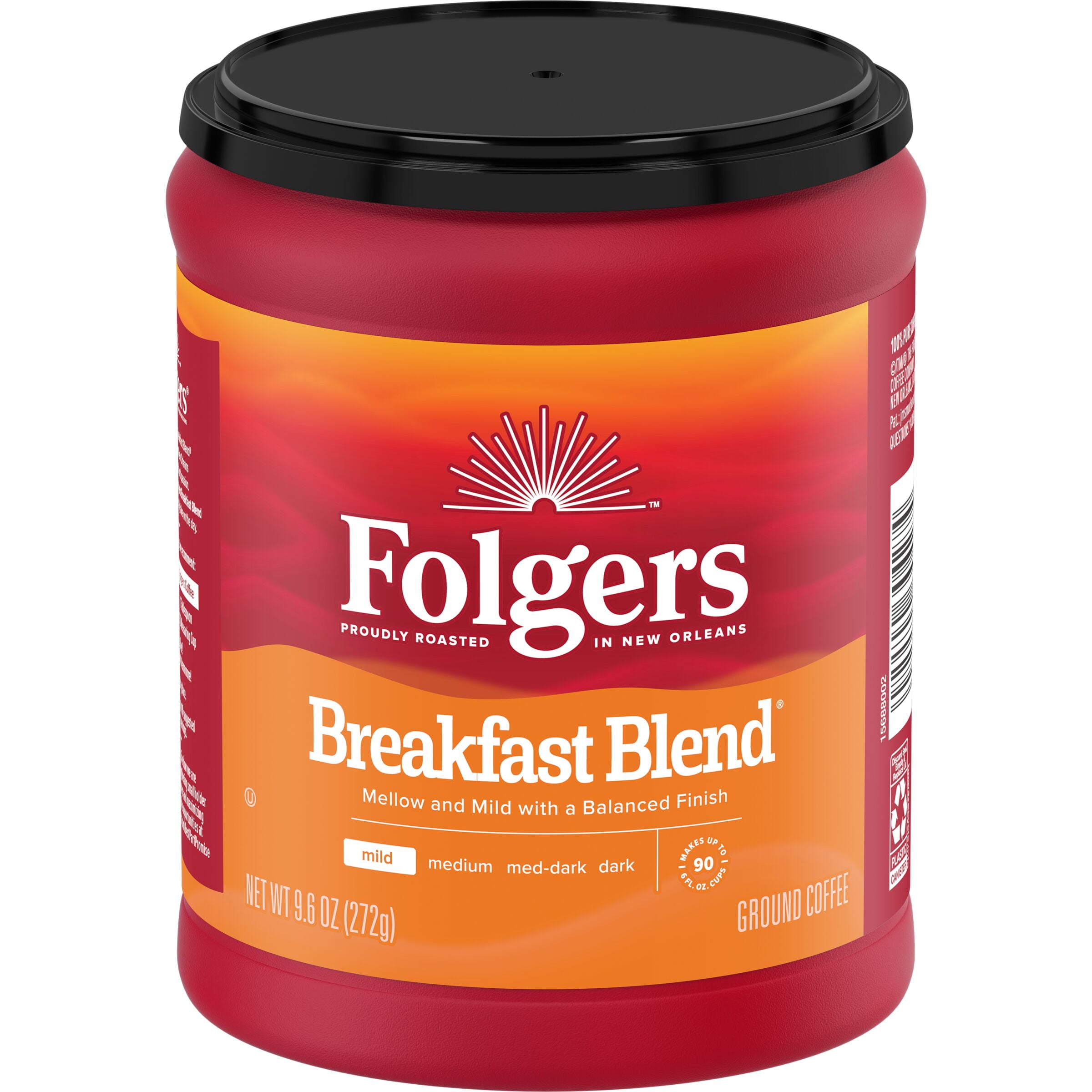 Folgers Breakfast Blend Ground Coffee, Mild Roast, Smooth and Mellow Flavors, 9.6 Ounce Canister ...