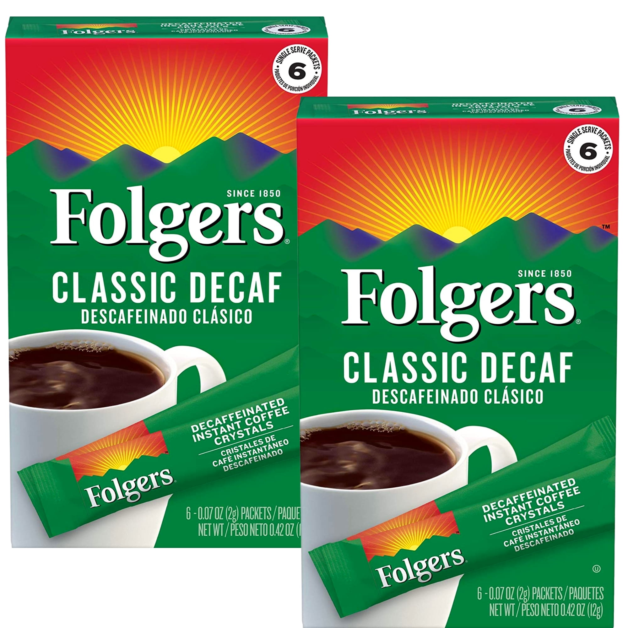 Folgers Classic Decaf Instant Coffee Crystals, 2 Boxes, 12 Travel Size ...