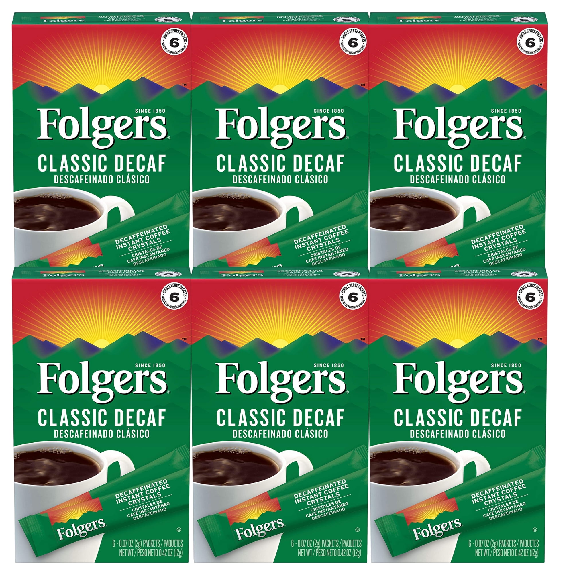 Folgers Classic Decaf Instant Coffee, 6 Single Serve Packets (6 Boxes ...