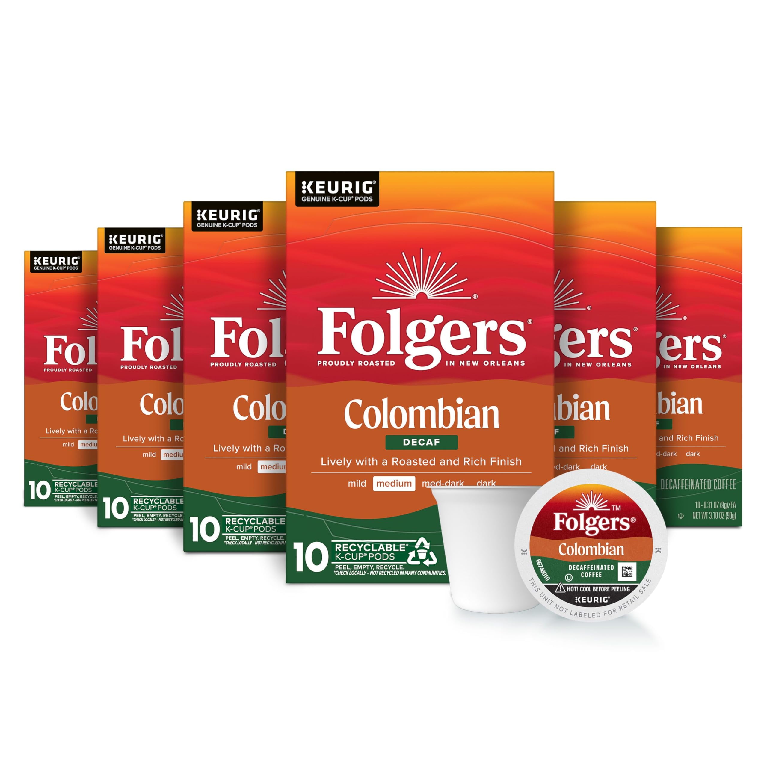 Folgers Colombian Decaf Coffee, Medium Roast, Keurig K-Cup pods, 10 ...