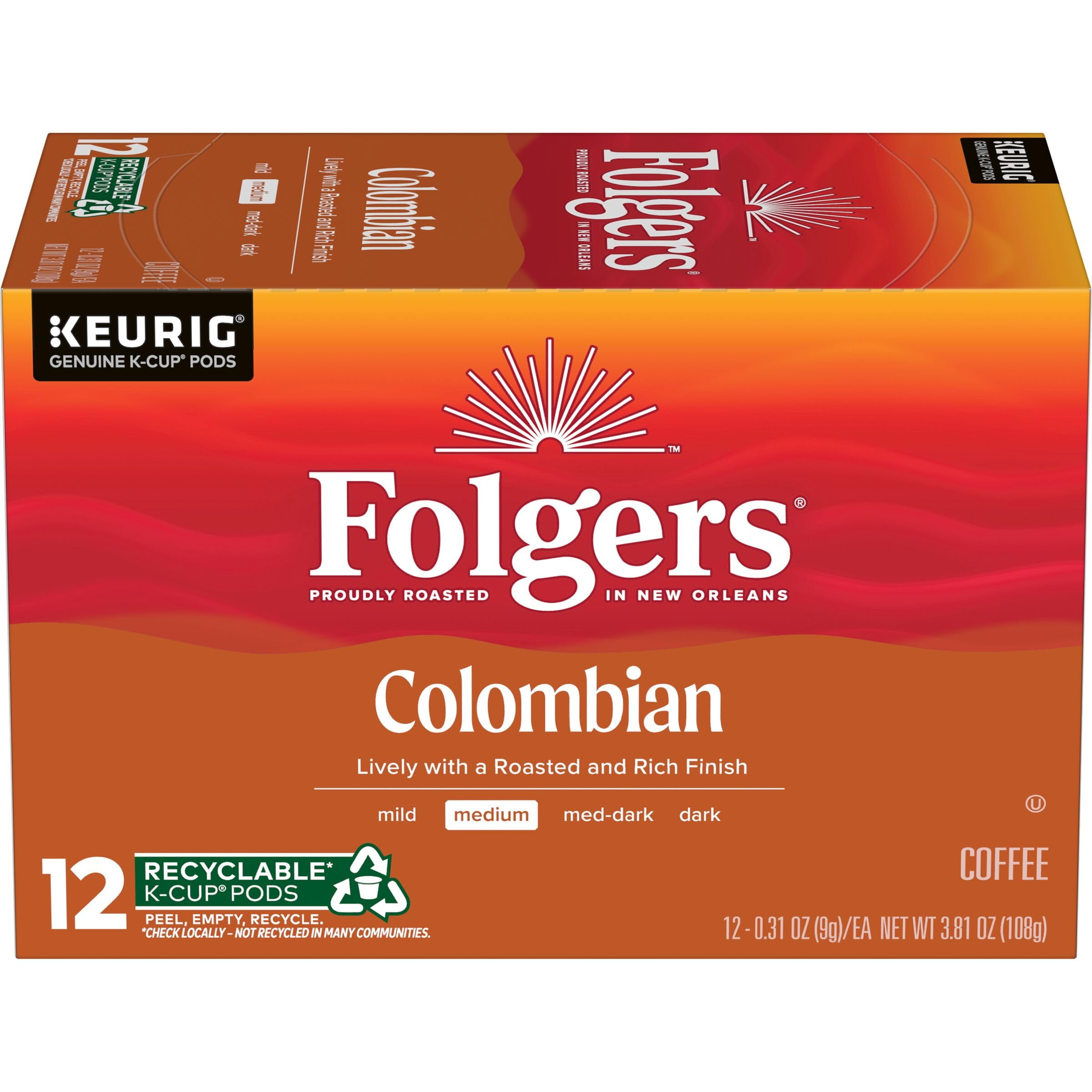 Folgers Colombian Medium Roast Coffee, 12 Keurig K-Cup Pods (Pack Of 1 ...