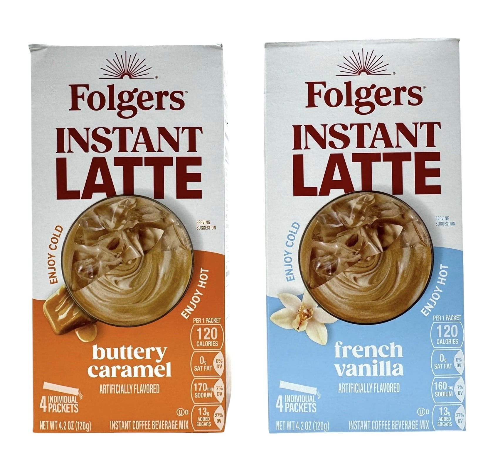 Folgers Instant Latte Buttery Caramel and French Vanilla, Enjoy Hot or ...