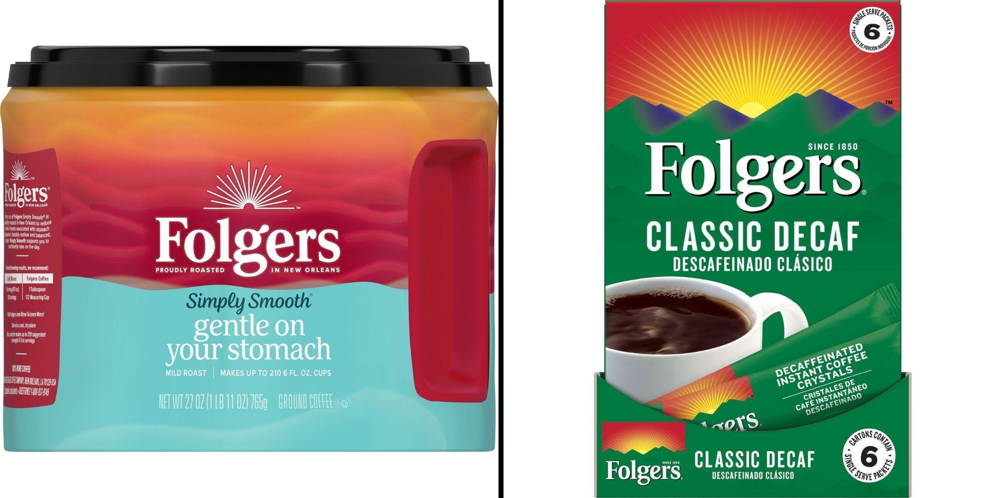Folgers Simply Smooth Mild Roast 27 oz & Folgers Classic Decaf Single 6 ...