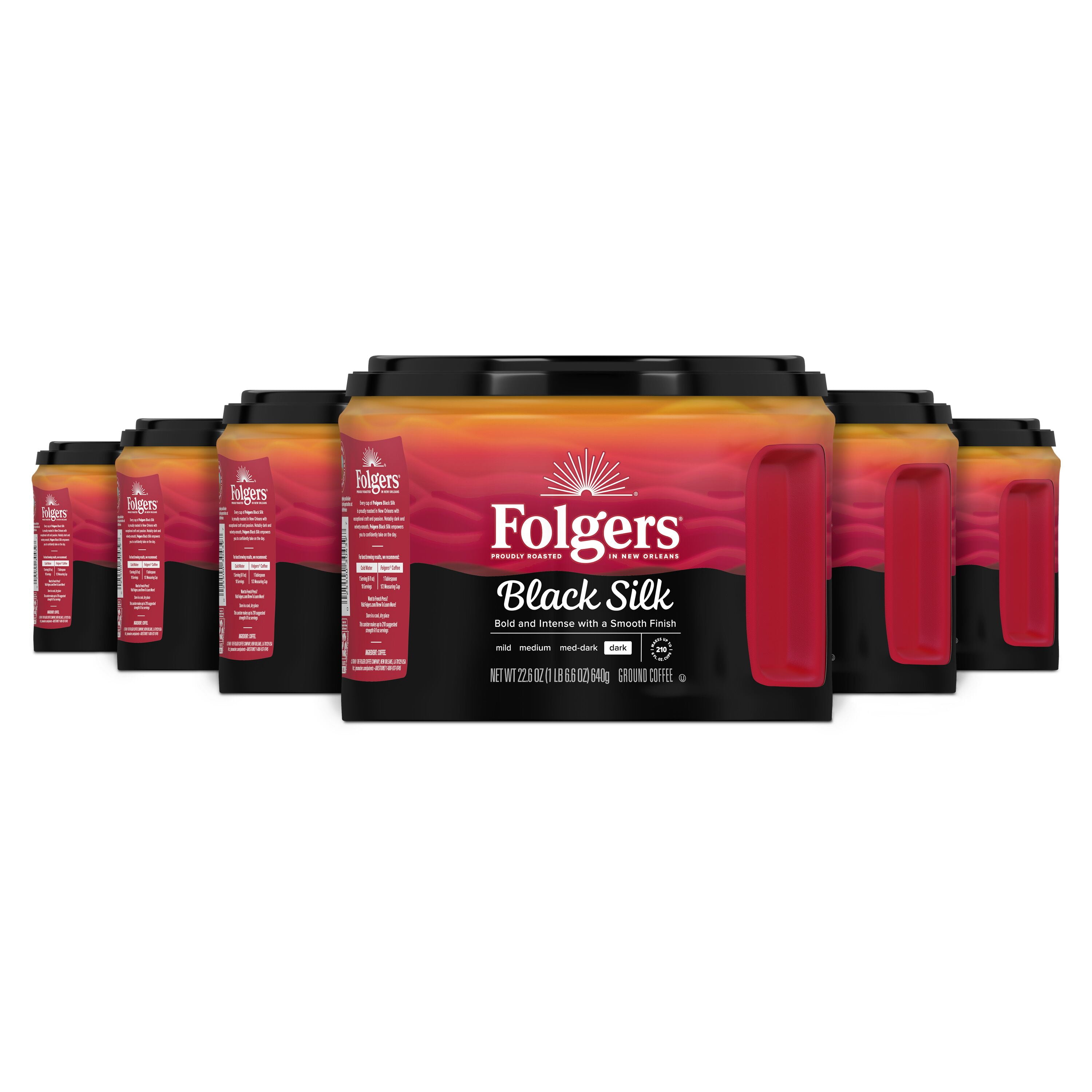 (6 pack) Folgers Black Silk Ground Coffee, Dark Roast, 22.6 oz Canister ...