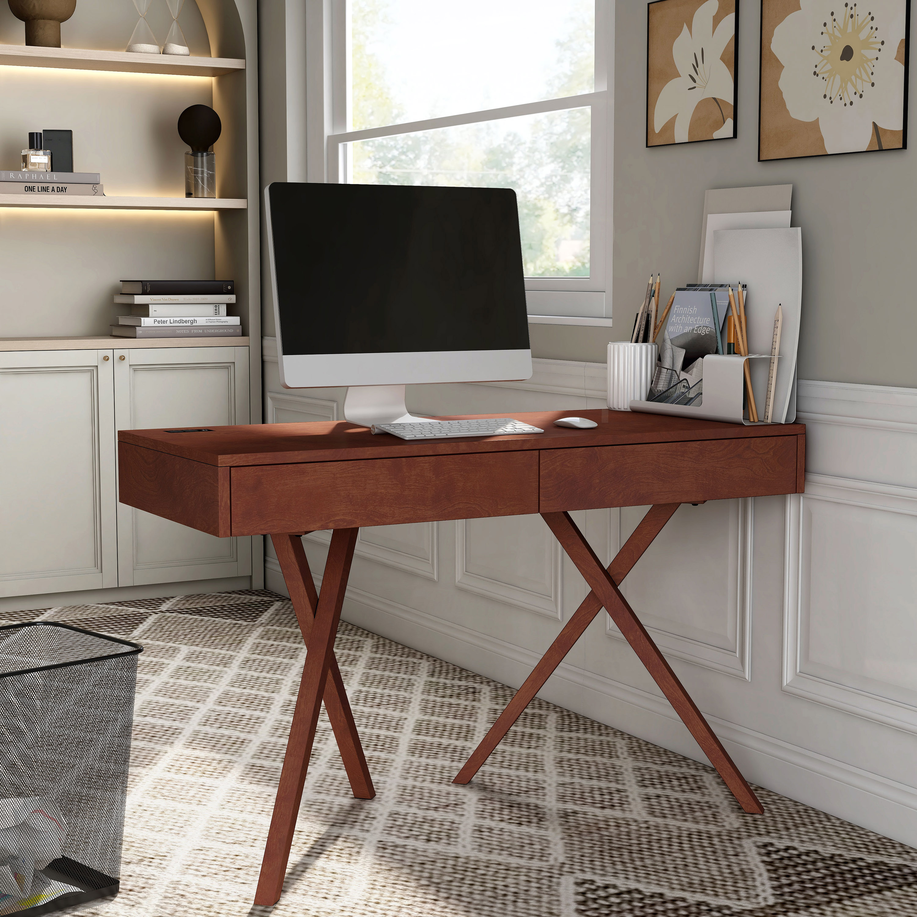 Foli 2-Drawer Solid Wood Writing Desk with USB Ports, Dark Cherry ...