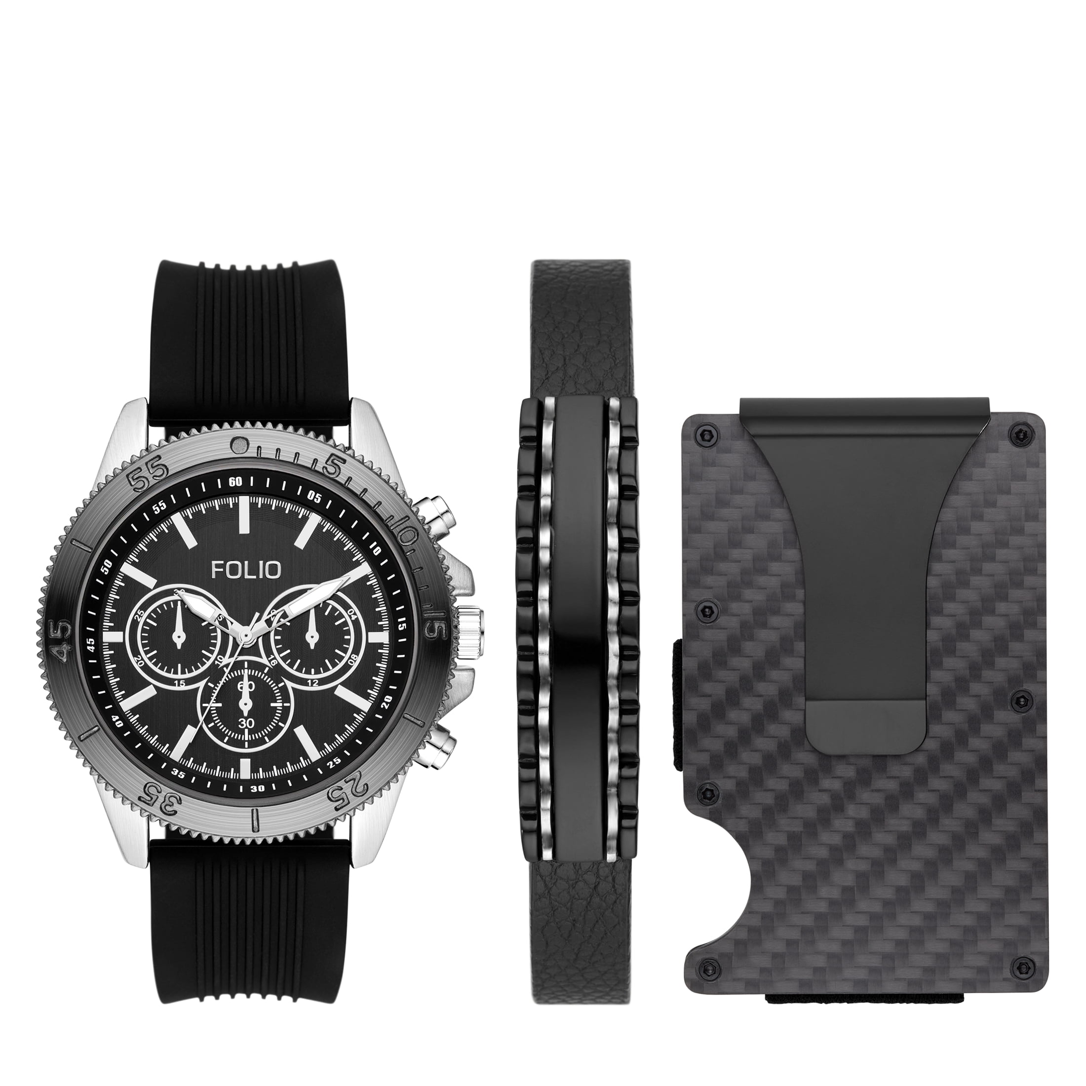 Folio Men's Three-Hand, Silver-Tone Alloy Watch, Bracelet and Card ...