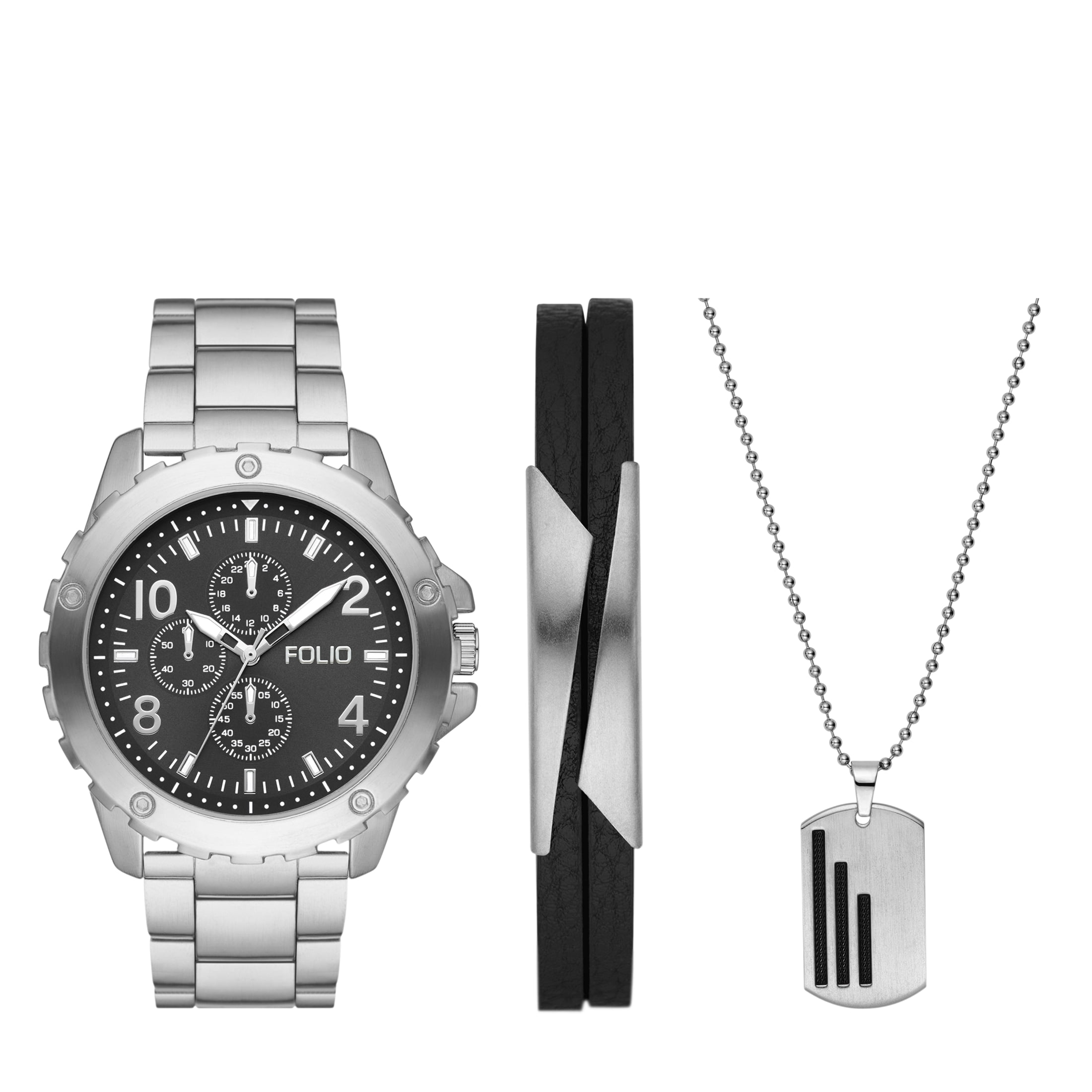 Folio Men's Three-Hand, Silver-Tone Alloy Watch, Bracelet and Necklace ...