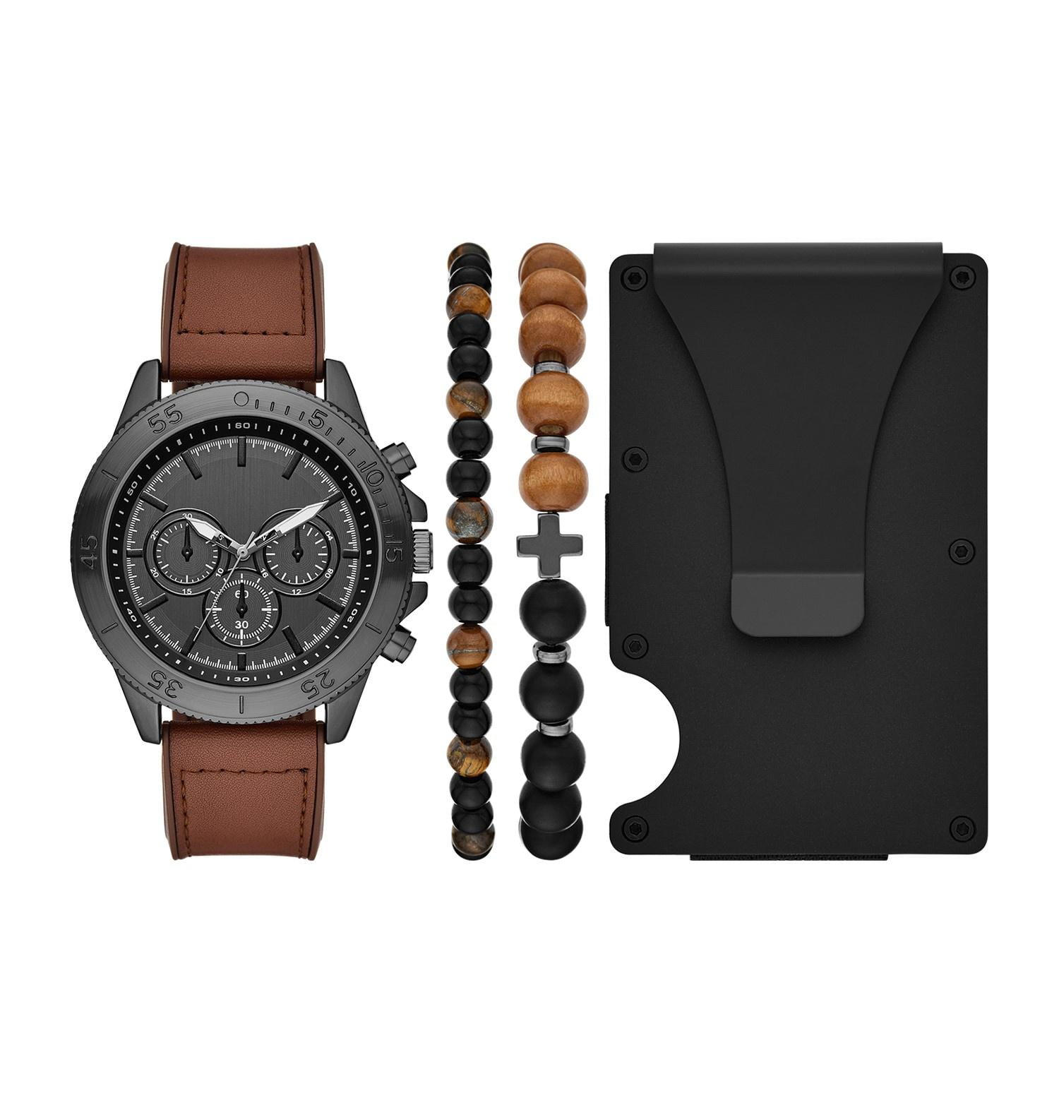 Folio Men's Watch Gift Set; Gunmetal Tone Round Case and Dial, Brown ...