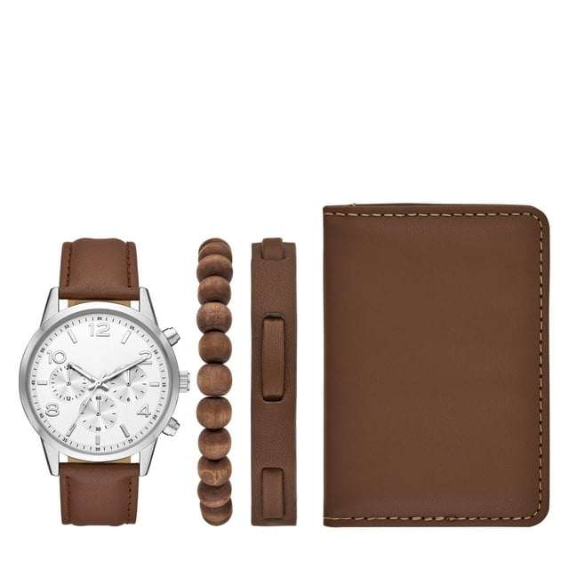 Folio Men's Watch Gift Set; Silver Tone Round Case, Silver White Sunray ...