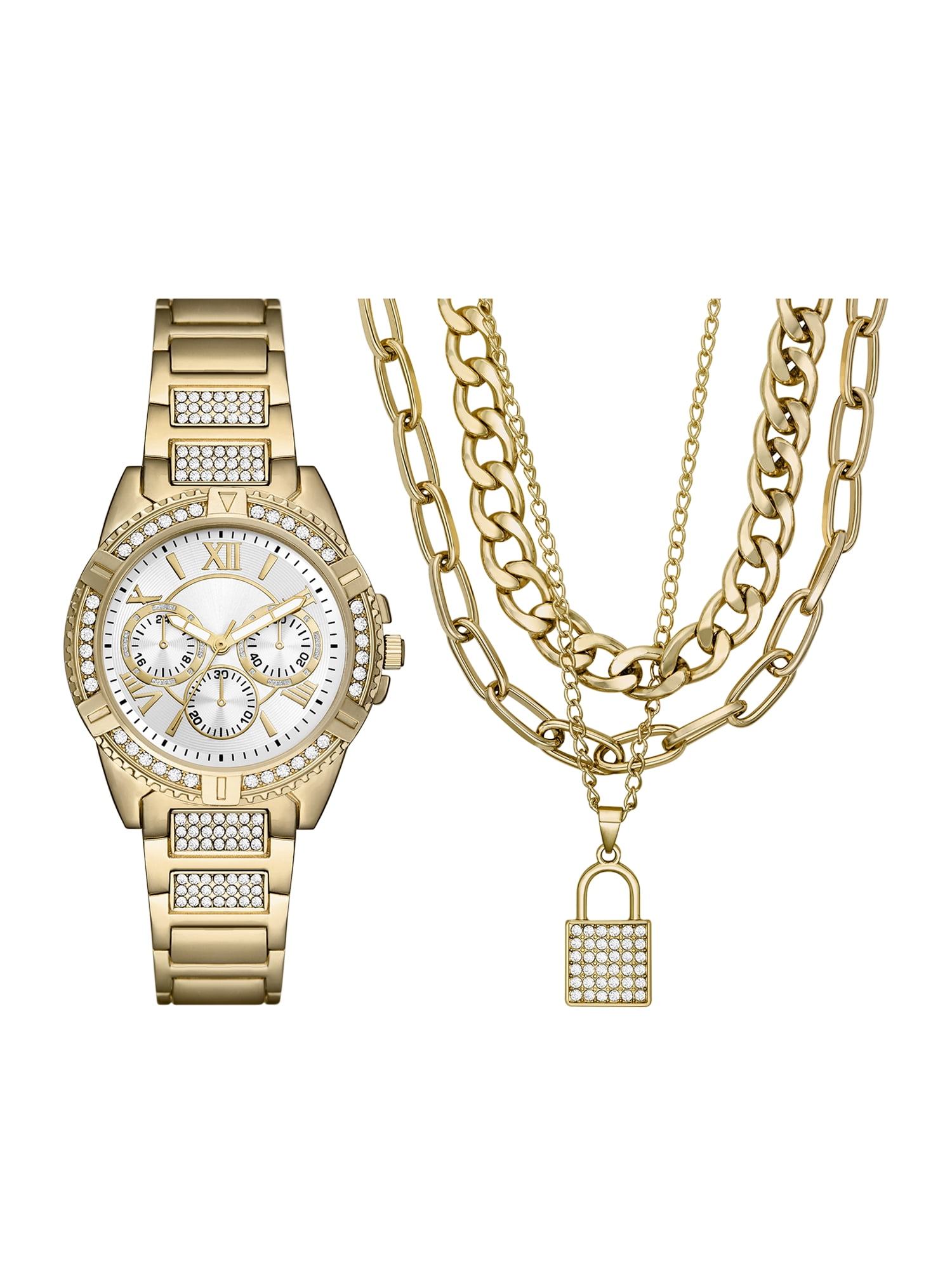 Folio Women's Gift Set; Gold Tone Bracelet Watch, Clear Stone Bezel ...