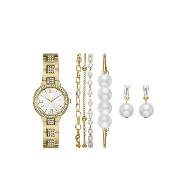 Folio Women's Gift Set; Gold Tone Bracelet Watch, Layered Faux Pearl ...