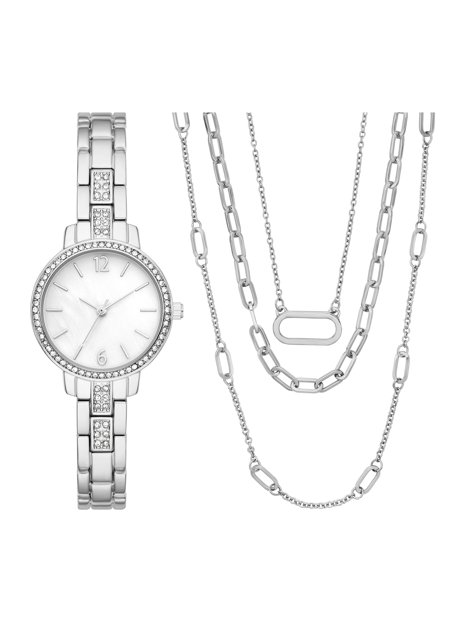 Folio Women's Gift Set; Silver Tone Bracelet Watch with Clear Stones on ...