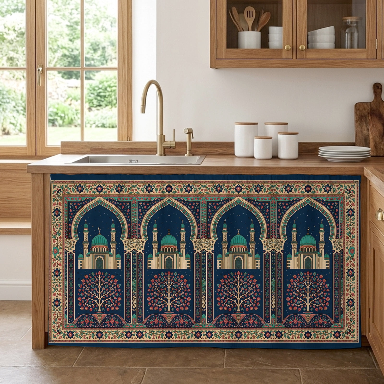 Folk Architectural Cabinet Curtains 28" W x 51" L, Starry Night Tree ...