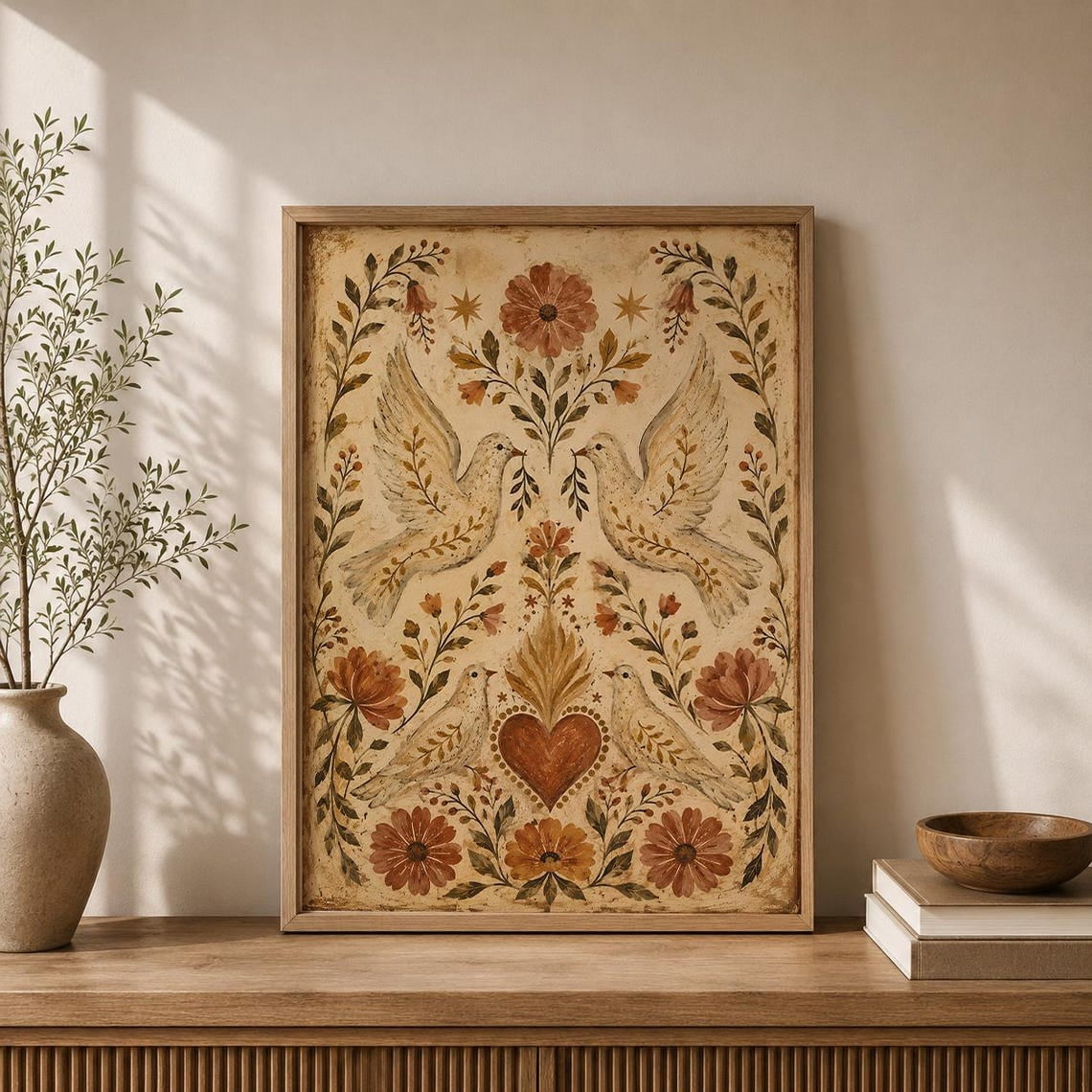 Folk Art Bird Wall Art Print, Sacred Heart Boho Decor - Walmart.com