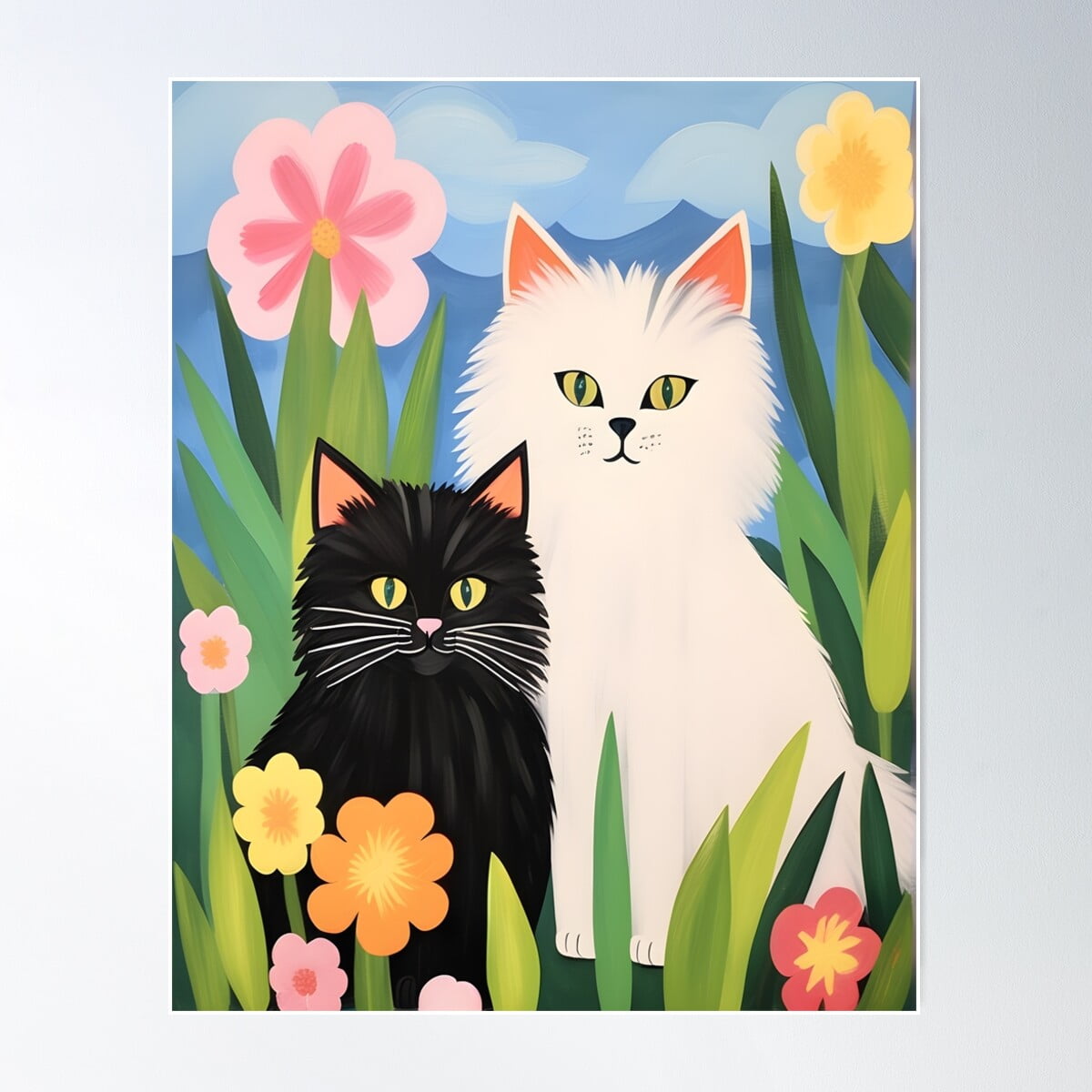 Folk Art Cat Blossoms | Whimsical Kitty Art | Vibrant Cottagecore Decor ...