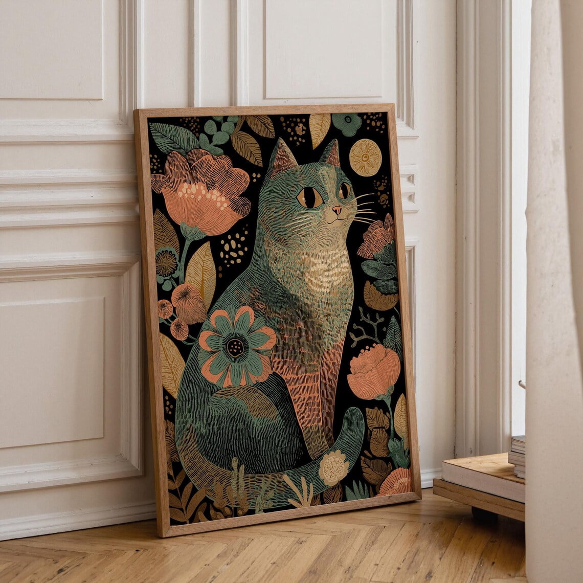 Folk Art Cat Floral Botanical Kitty Illustration Cottagecore Boho Decor ...