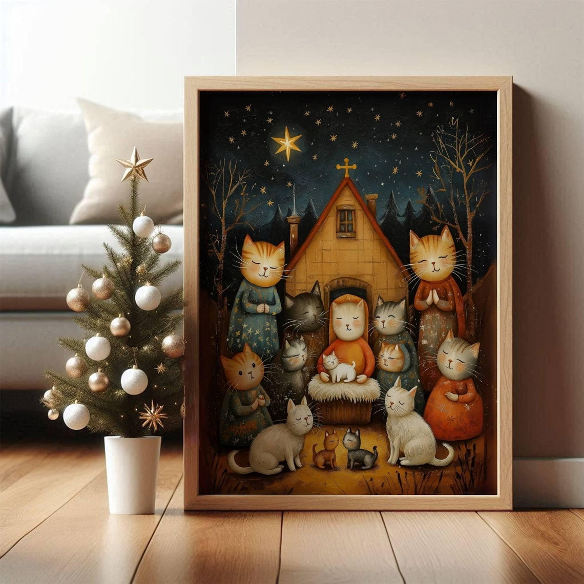 Folk Art Cat Nativity Scene Poster, Whimsicalcat Wall Art, Cat Lover ...
