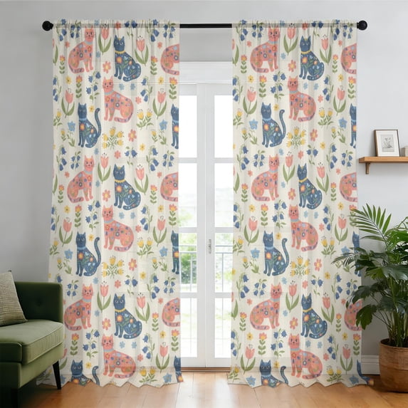 Folk Art Cat and Flower Beige Pattern Sheer Curtains, Sheer Curtain ...