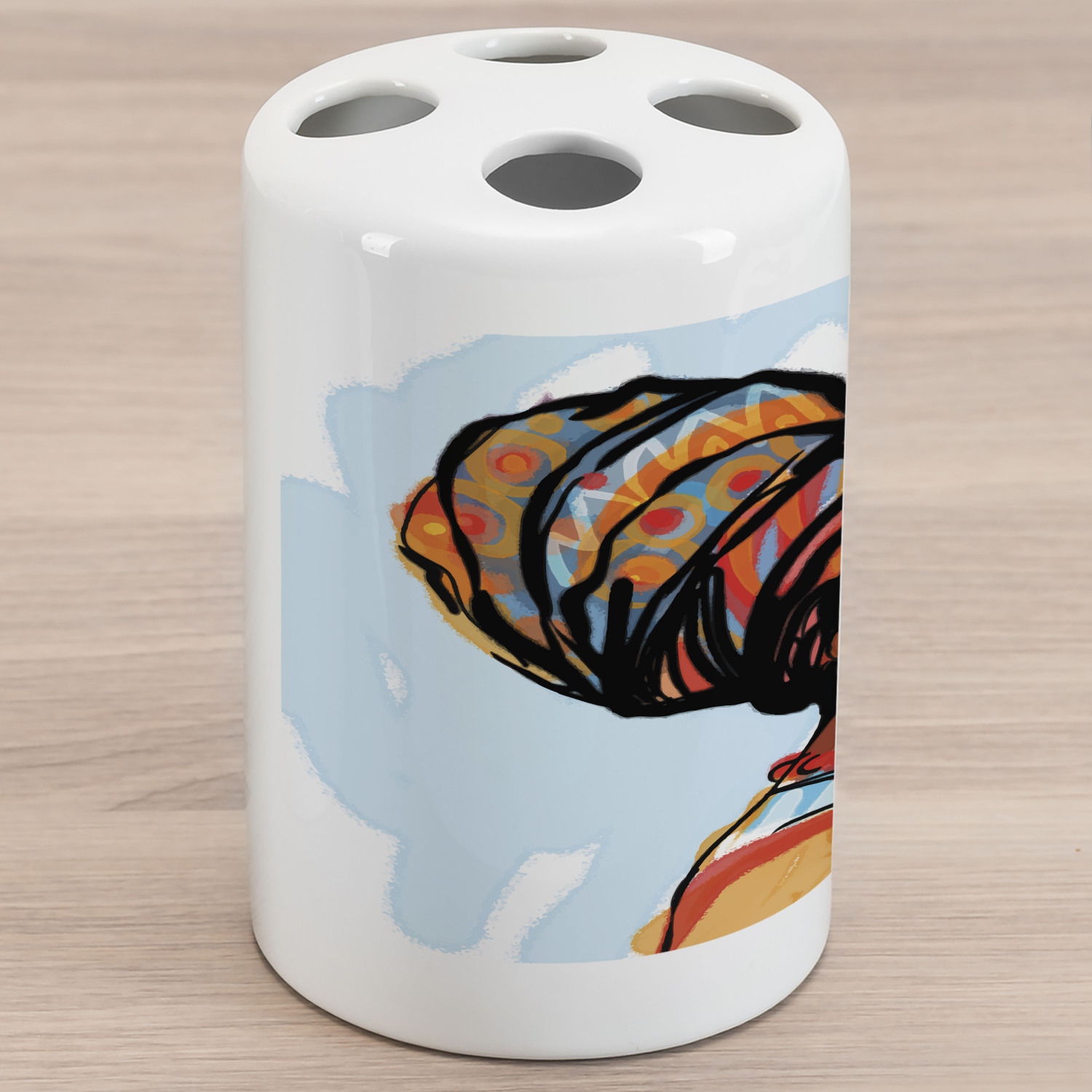 Folk Art Ceramic Toothbrush Holder, Side Portrait Painting of Woman in ...