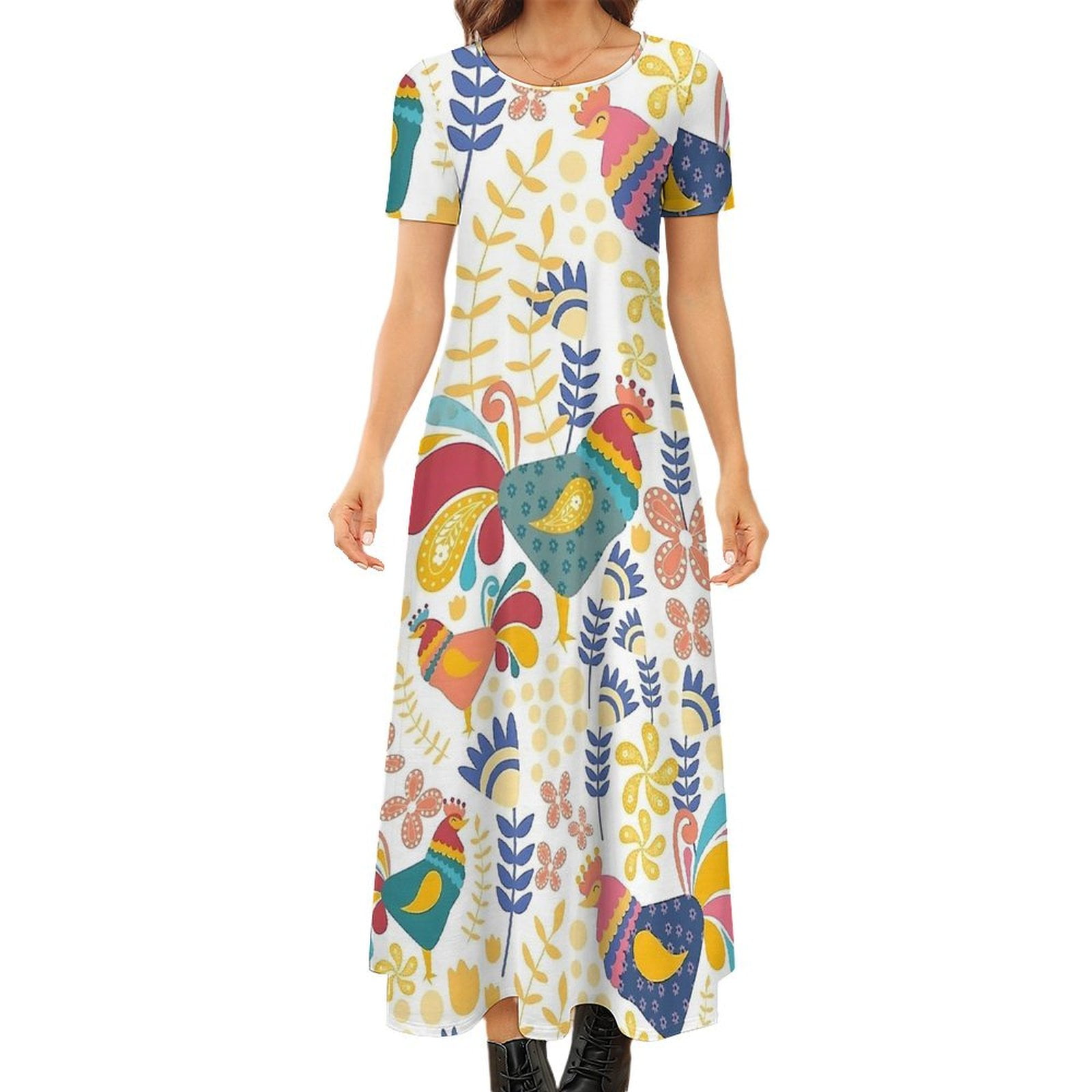 Folk Art Chickens Dress Florla Print Street Style Boho Beach Long ...
