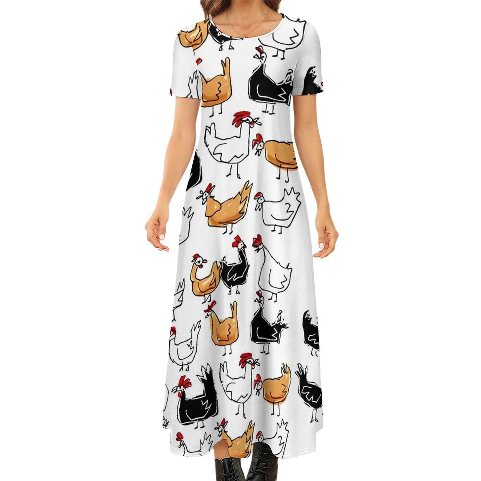 Folk Art Chickens Dress Florla Print Street Style Boho Beach Long ...