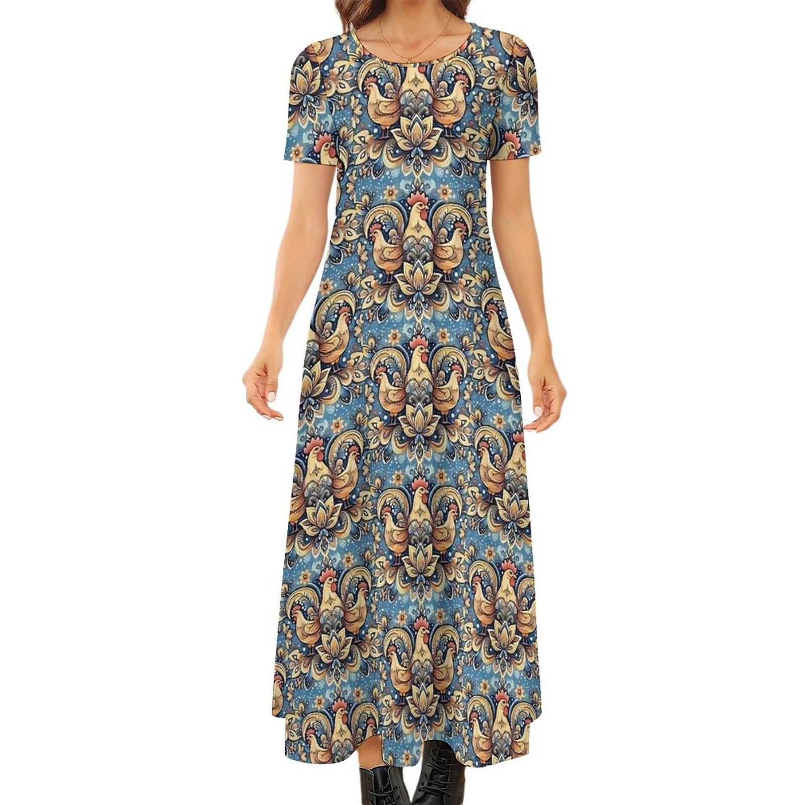 Folk Art Chickens Dress Florla Print Street Style Boho Beach Long ...