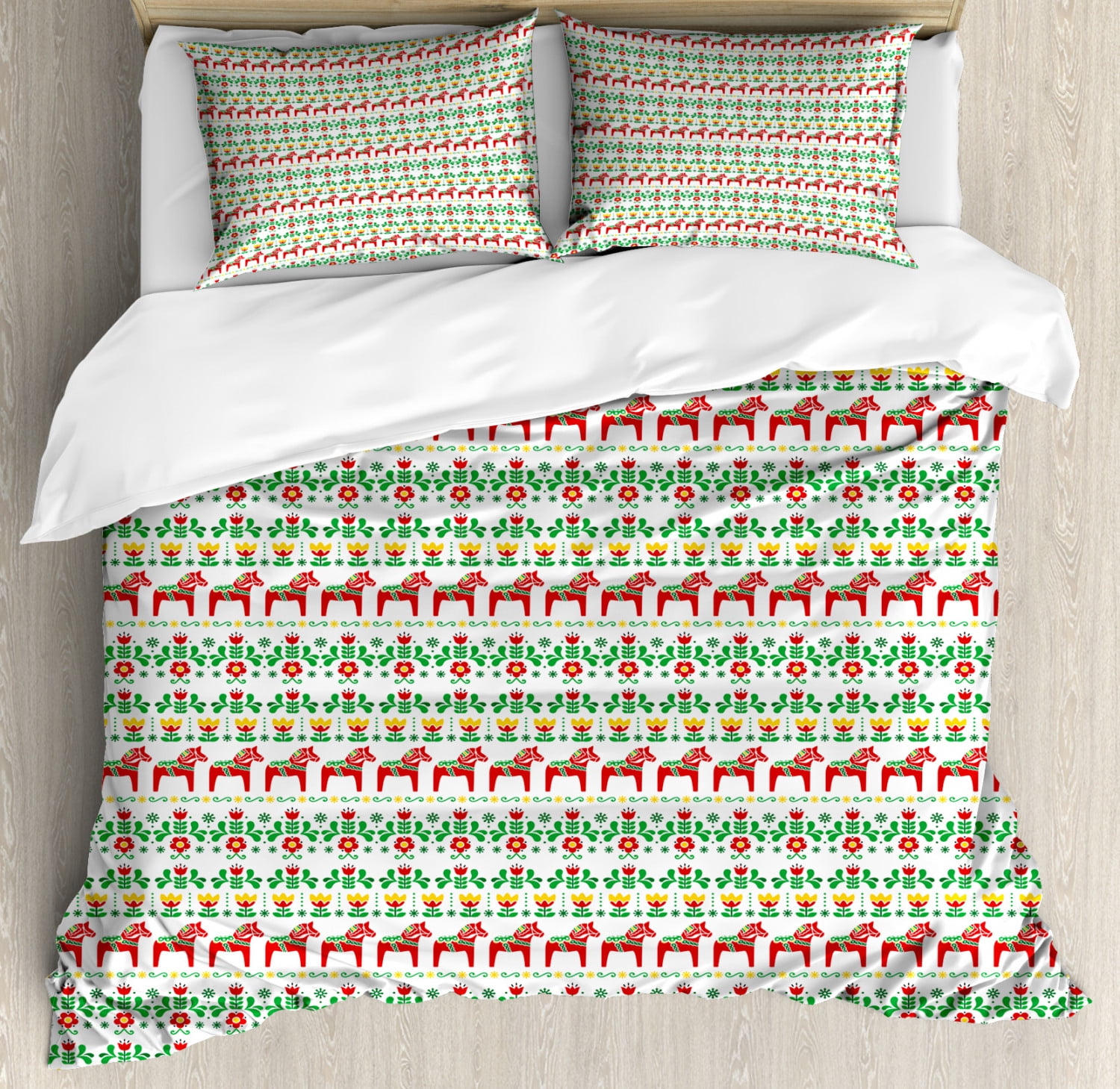 Folk Art Duvet Cover Set King Size, Scandinavian Themed Pattern of ...