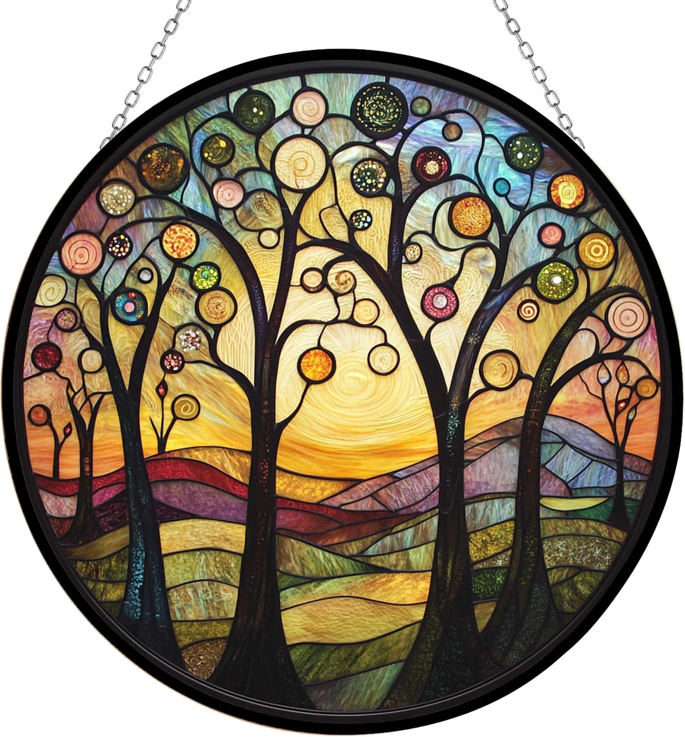 Folk Art Enchanted Forest Stained Glass Window Hanging,Hummingbird Sun ...
