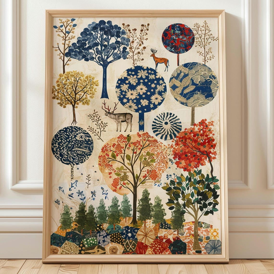 Folk Art Forest Whimsical Patterned Trees & Deer Eclectic Decor ...