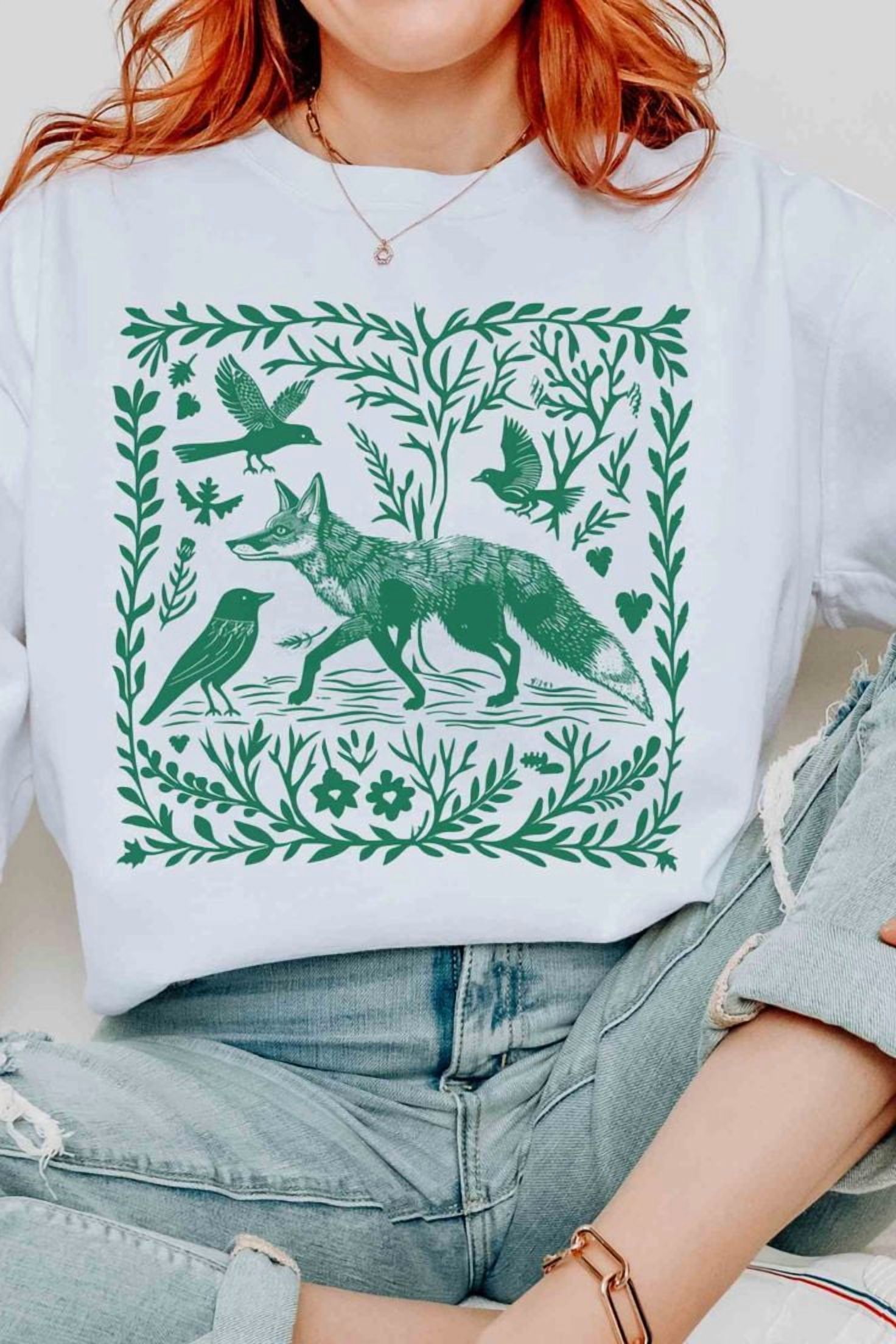 Folk Art Fox Forest Graphic Tee, Woodland Animal with Birds and ...