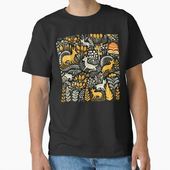 Folk Art Foxes Golden Woodland Pattern Funny H2886 T-Shirt, for Men and ...