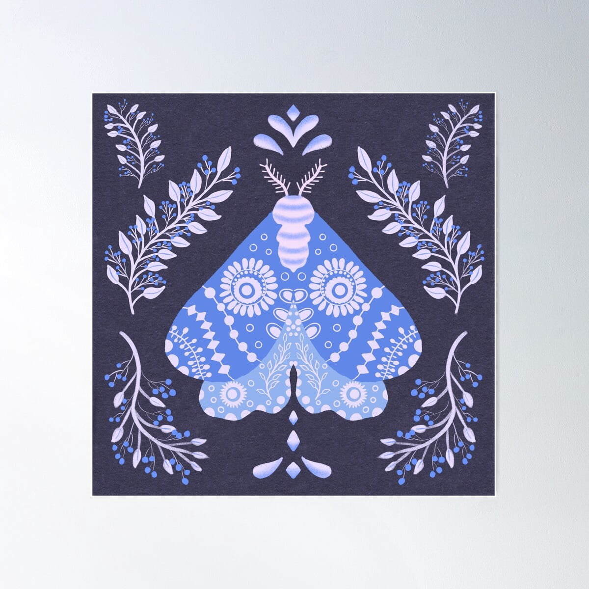Folk Art Moth In Blue Poster Wall Art, Modern Wall Decor For Living ...