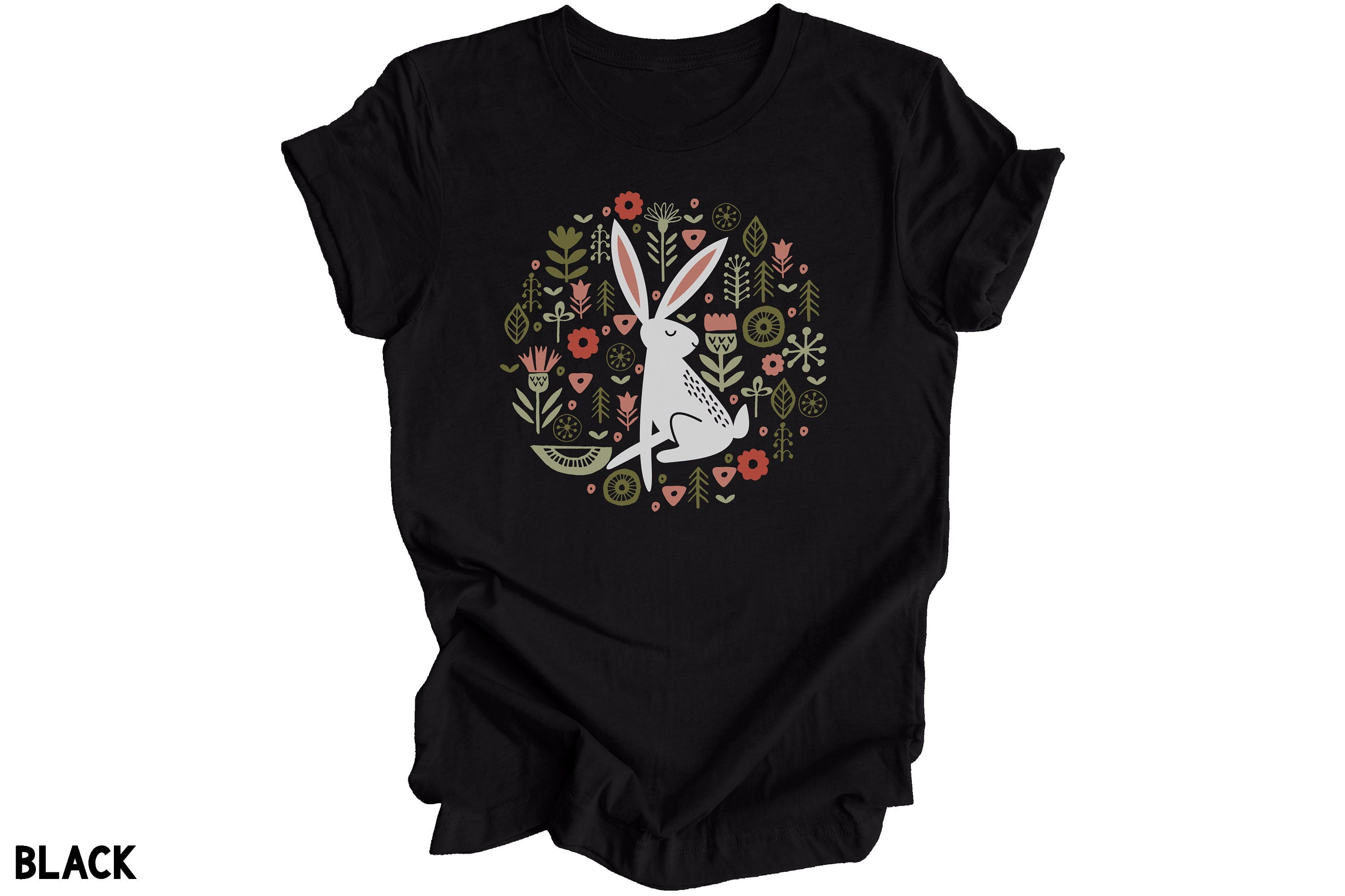 Folk Art Rabbit Tshirt, Flowers Shirt, Bunny Tee, Easter Spring, White ...