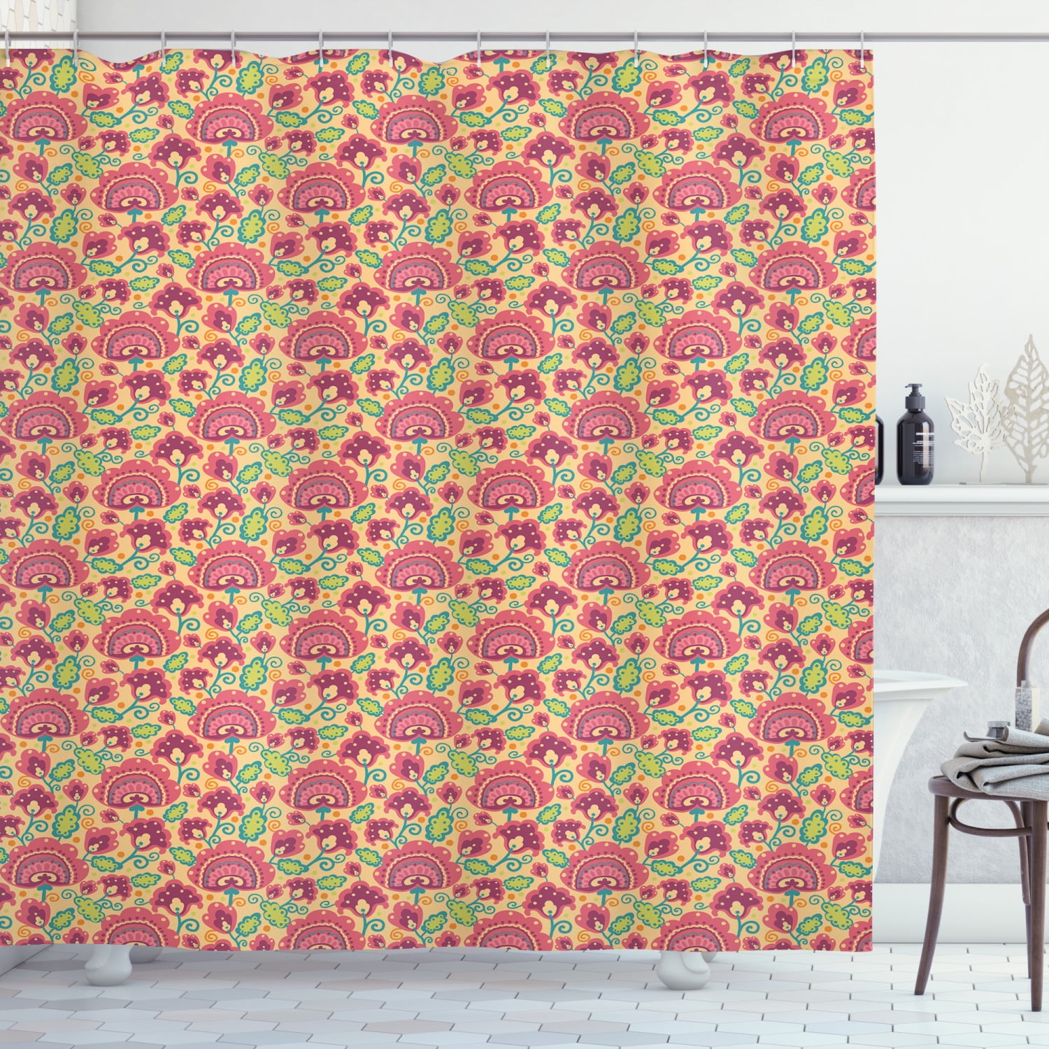 Folk Art Shower Curtain, Colorful Abstract Botany Art with Flowers and ...