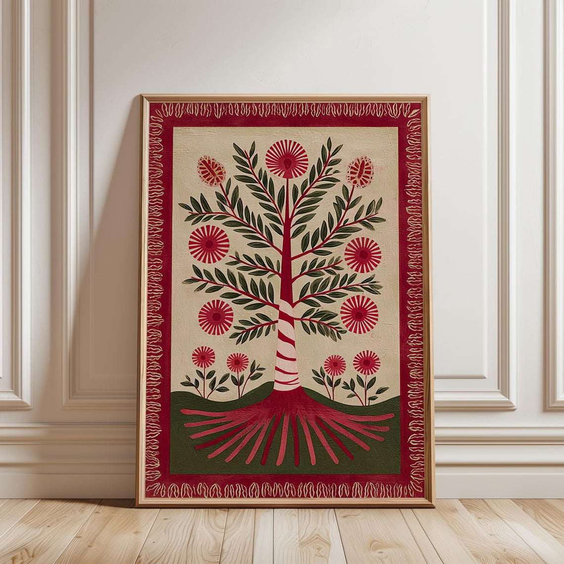 Folk Art Tree Stylised Botanical Illustration Red Green Cream Wall Art ...